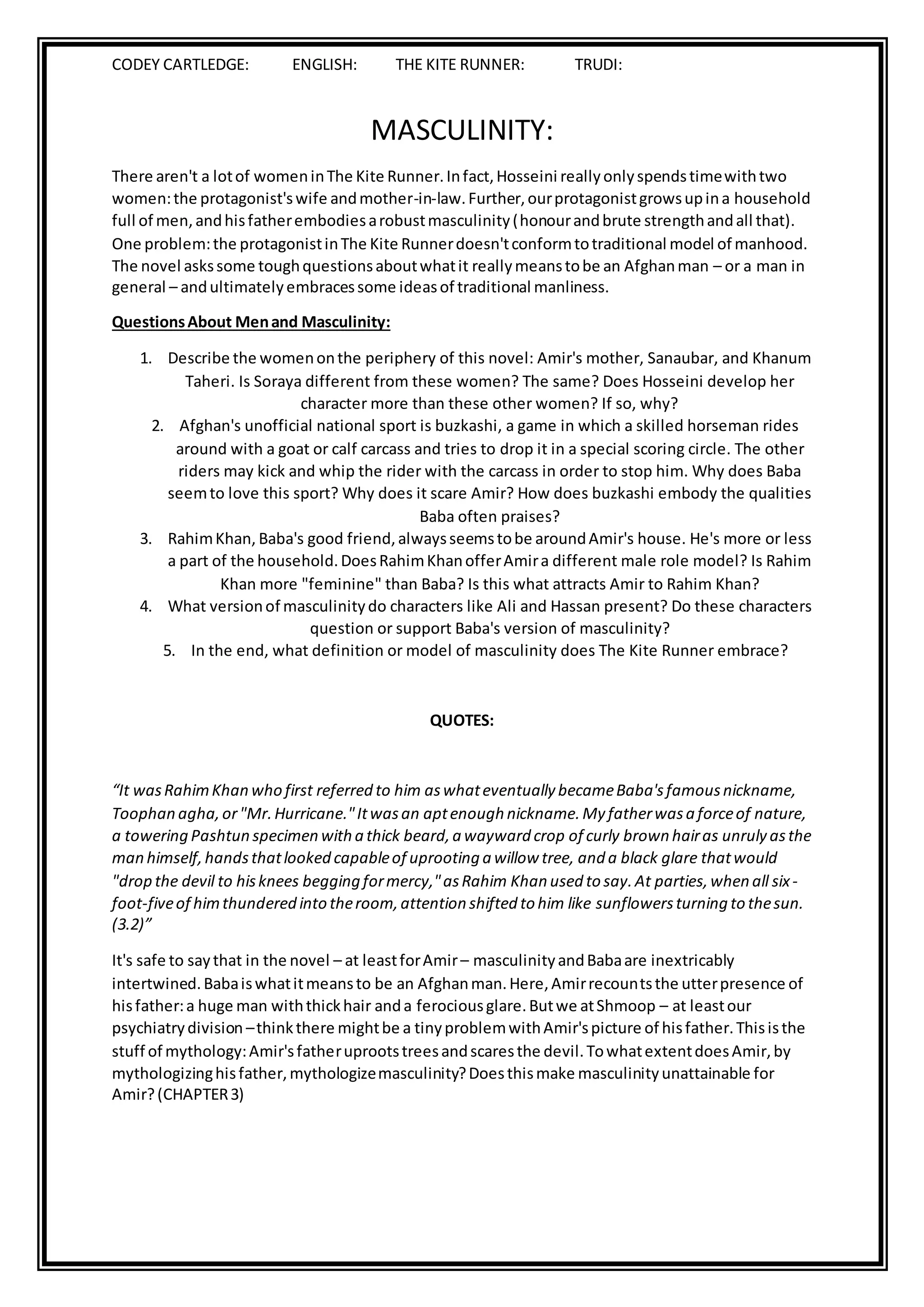 THE KITE RUNNER: Themes with Quotes | DOCX