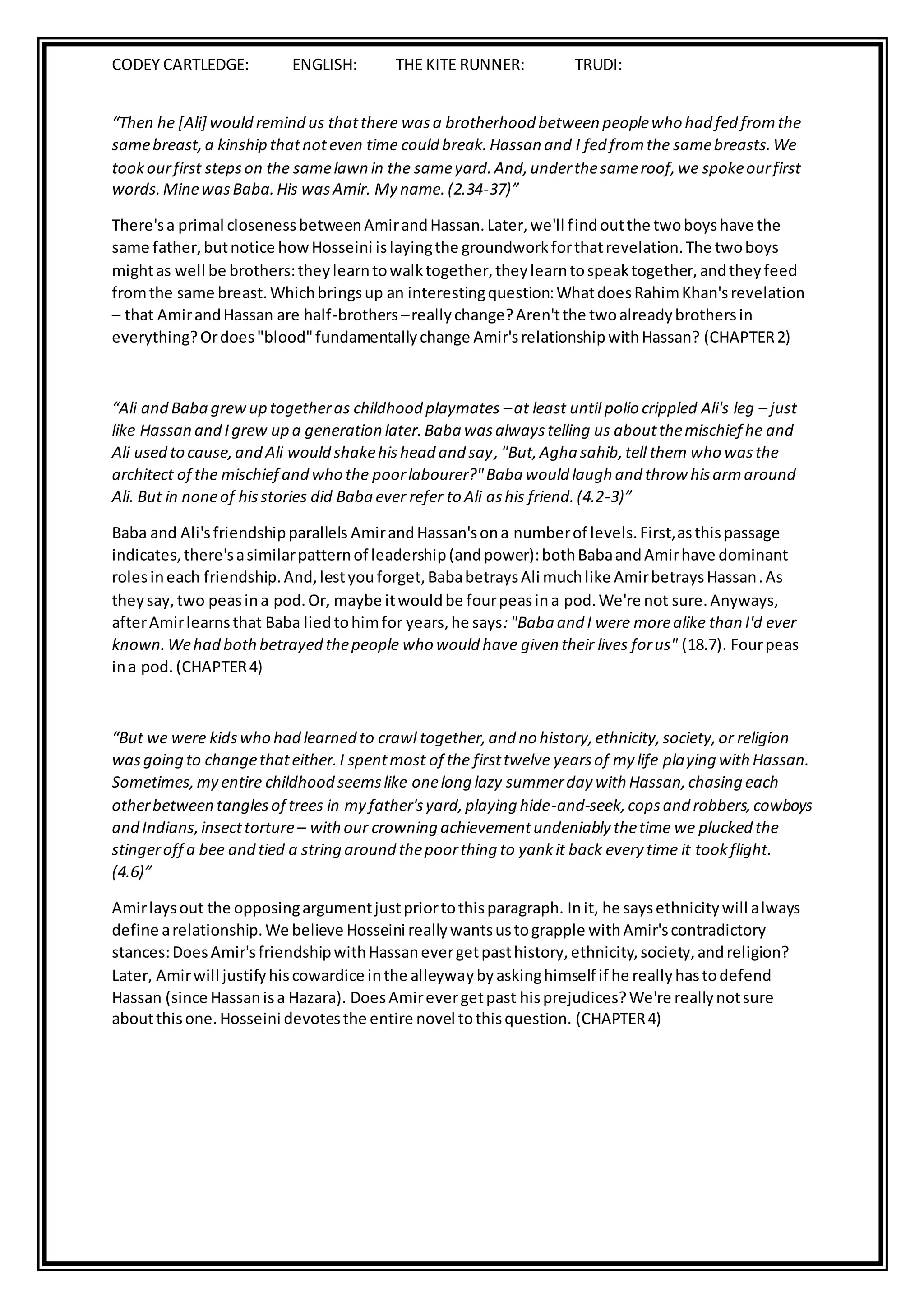 THE KITE RUNNER: Themes with Quotes | DOCX