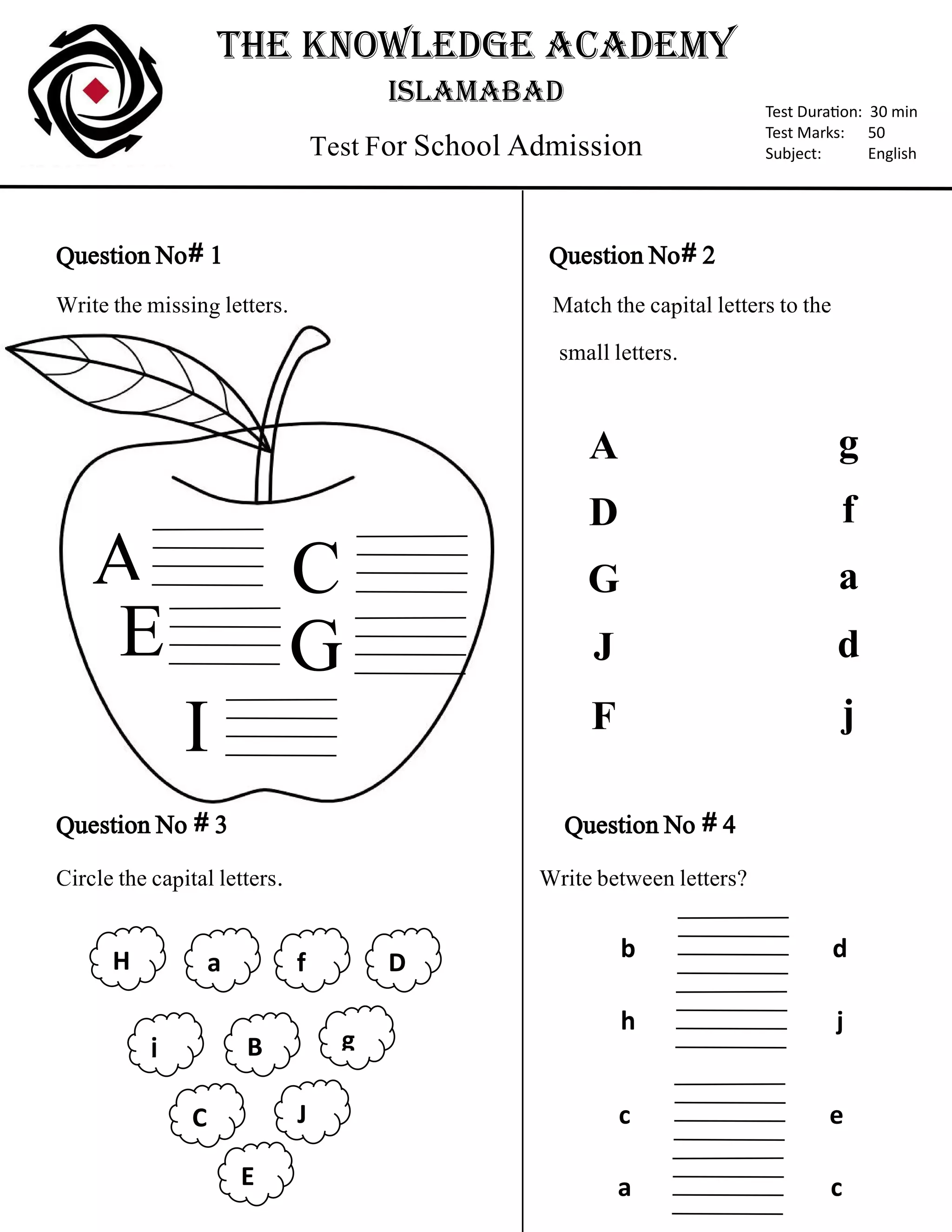 Test For Nursery Class Addmission Pdf