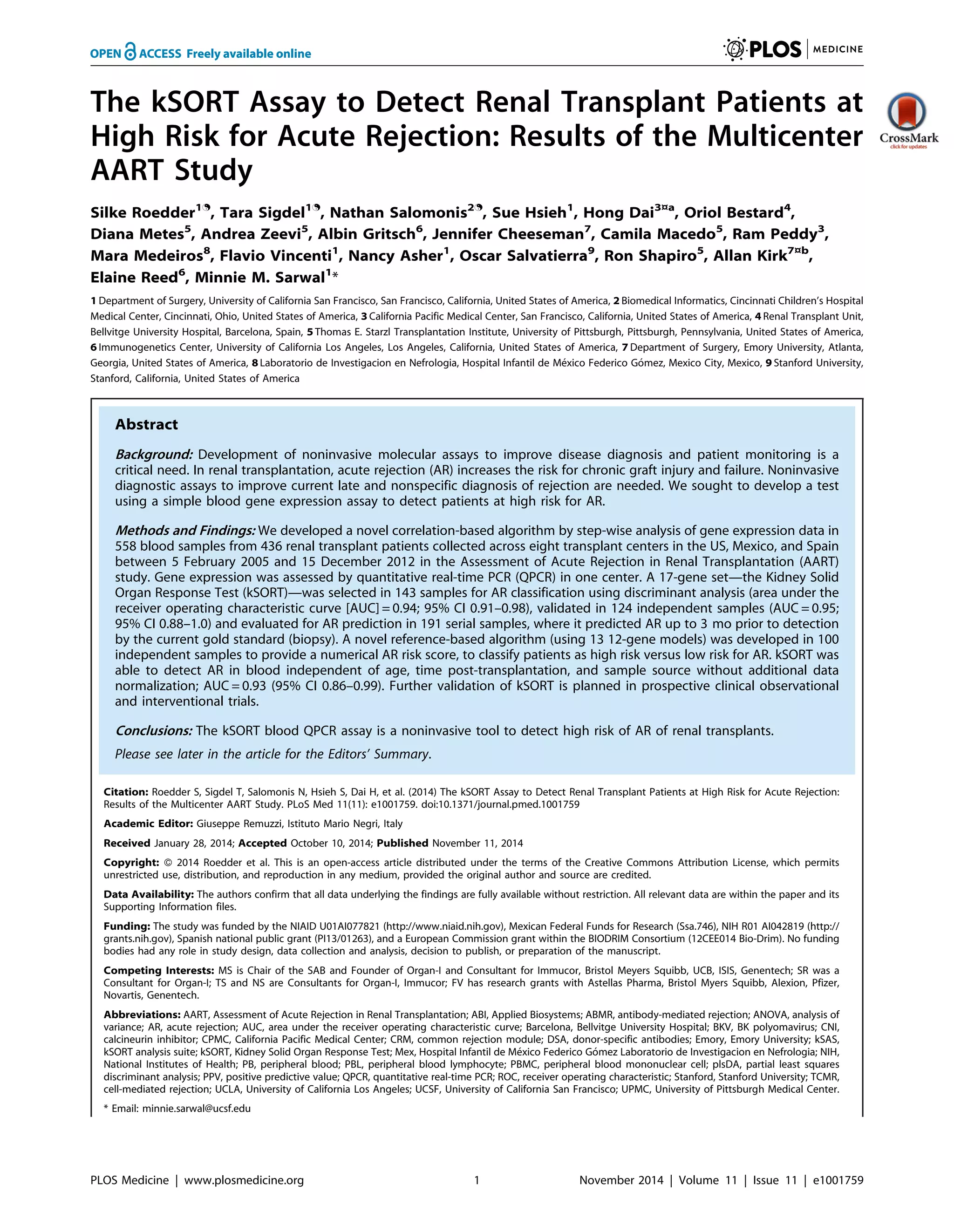 The kSORT assay to detect renal transplant patients at risk for acute ...