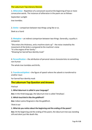 The Laburnum Top by Ted Hughes- NOTES - CBSE XI English | PDF