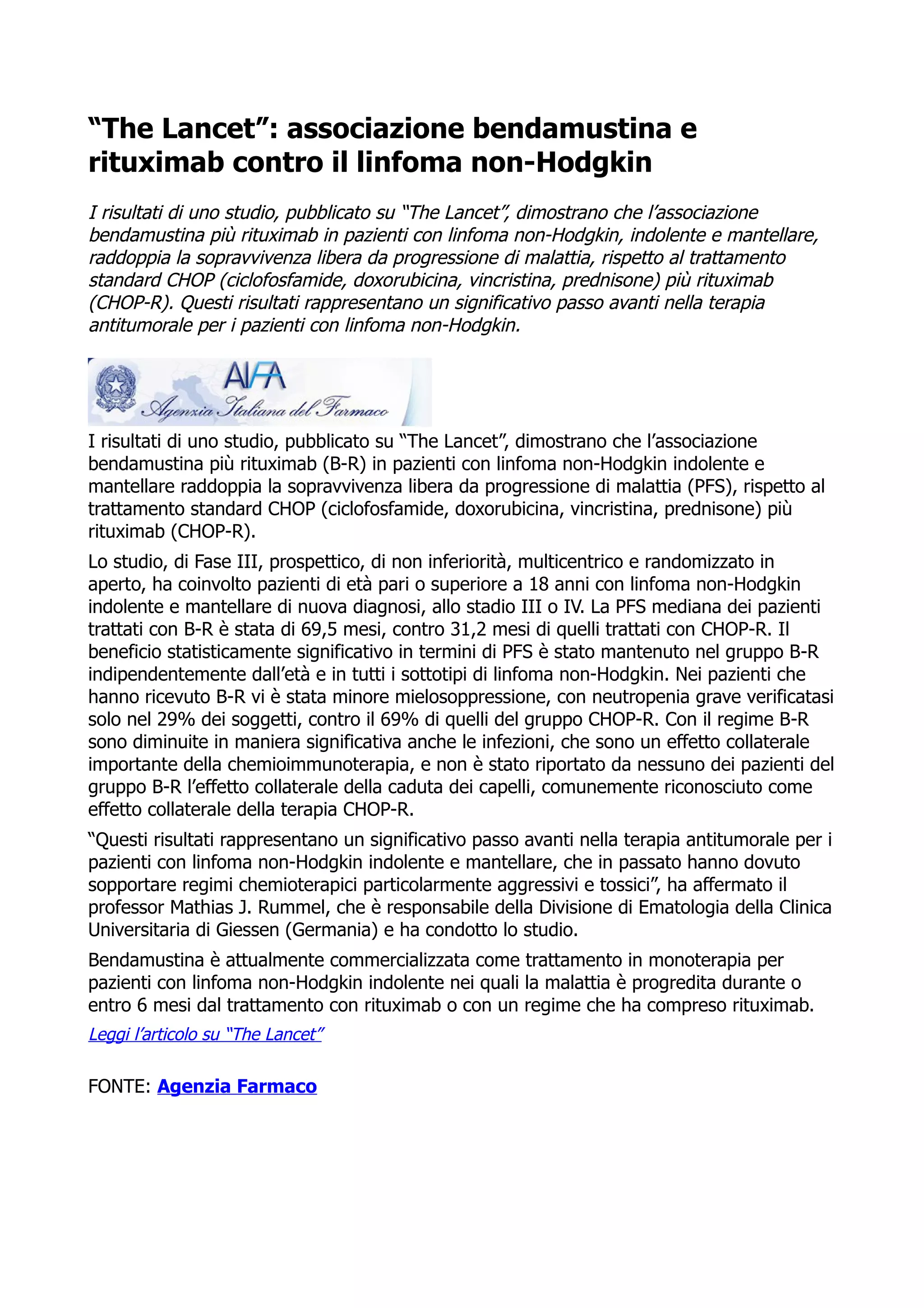 Bendamustina più rituximab, nuova cura per pazienti con Linfoma non ...