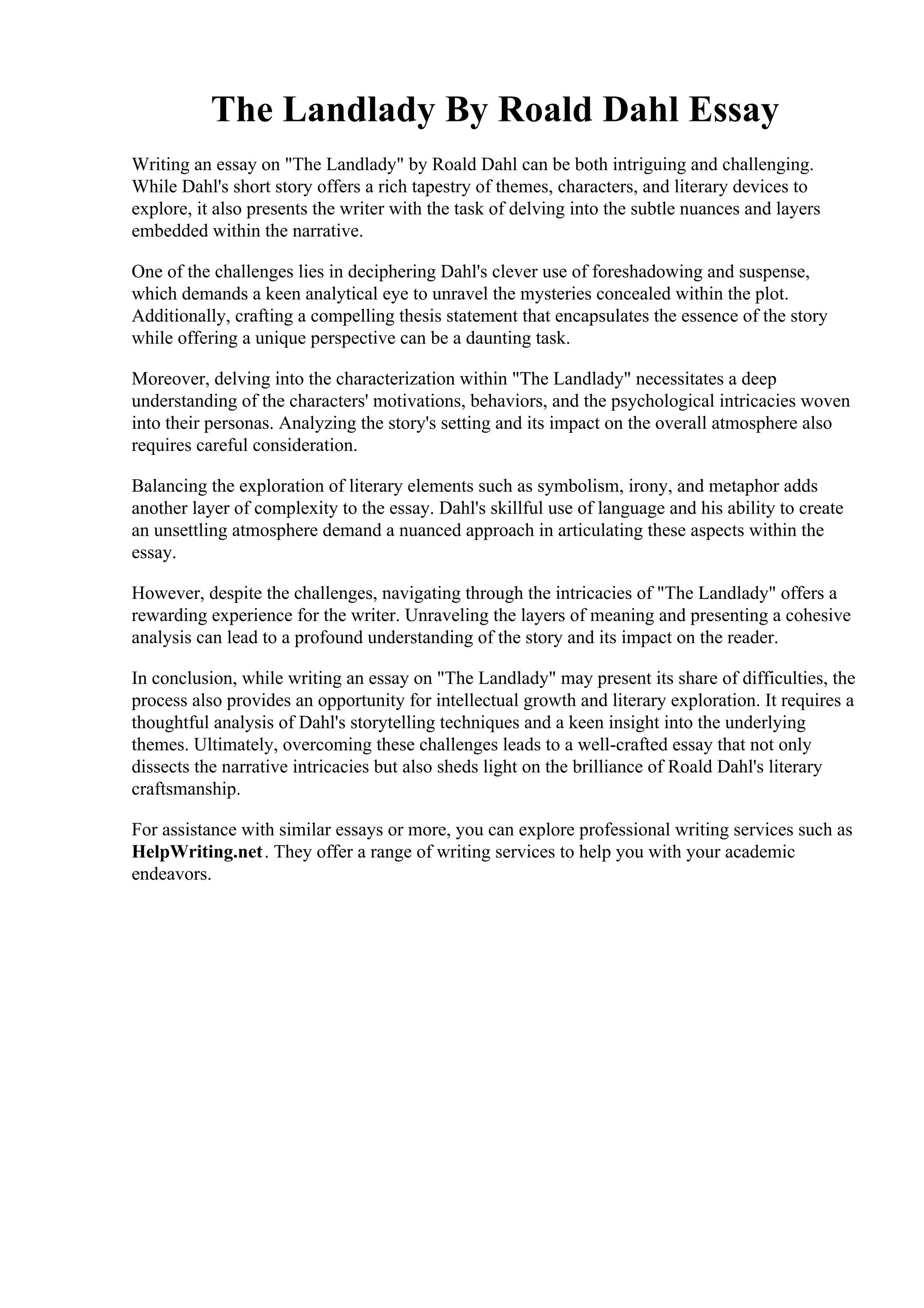 The Landlady By Roald Dahl Essay. The Landlady by Roald Dahl by Custom ...