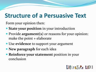 Persuasive Texts: The language of persuasion by Jeni Mawter | PPTX
