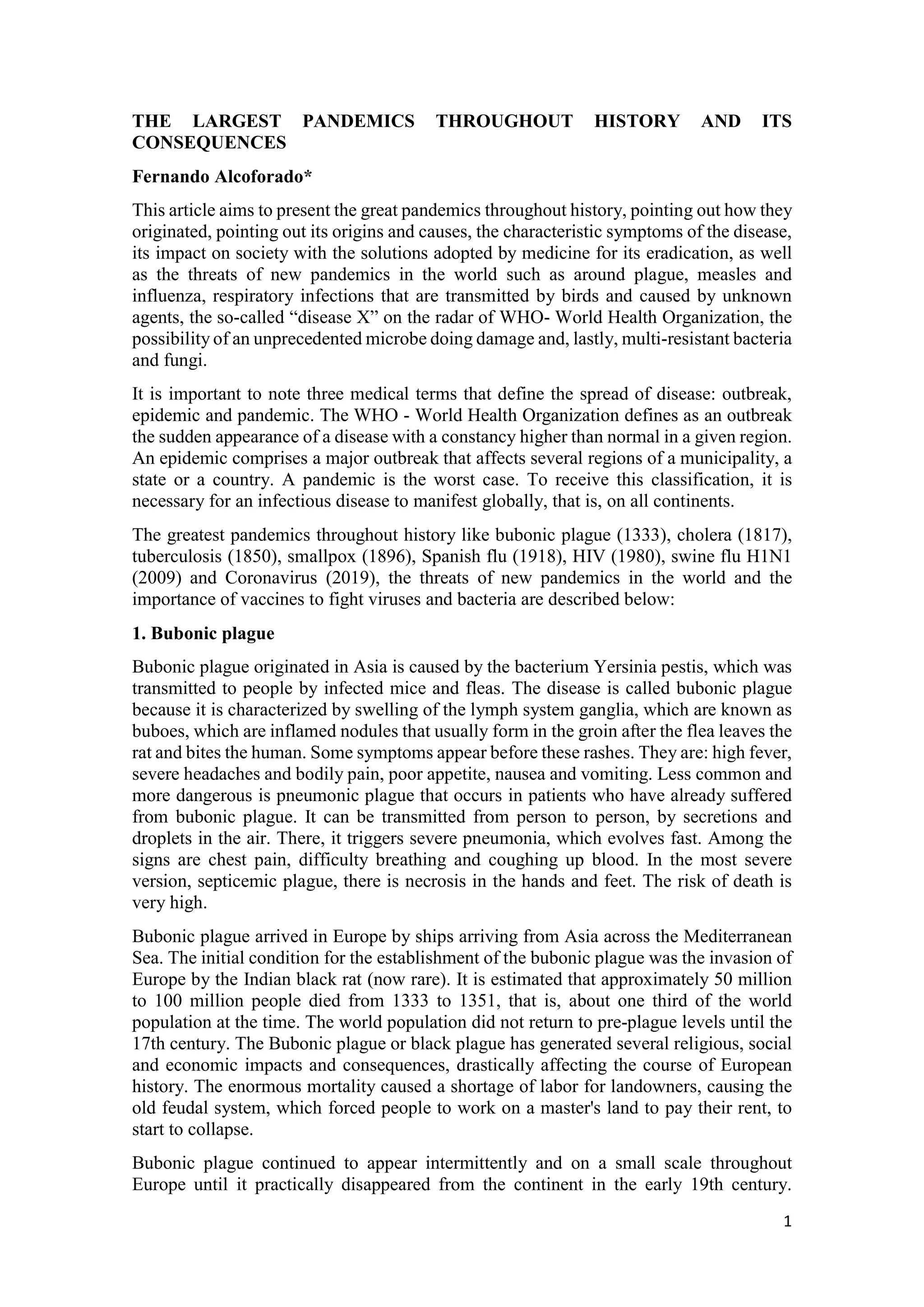 The largest pandemics throughout history and its consequences | PDF