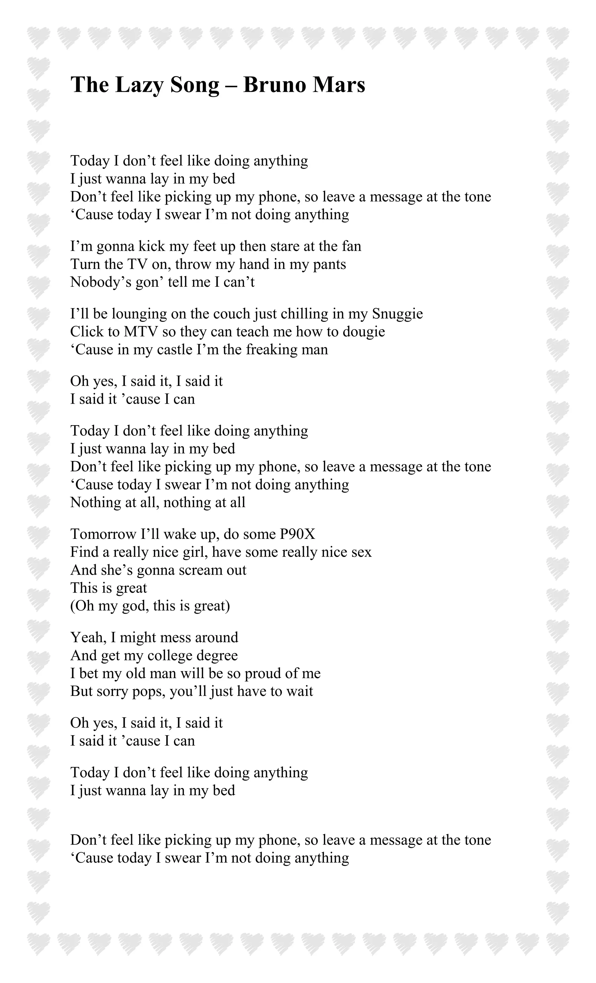 The lazy song bruno mars | PDF