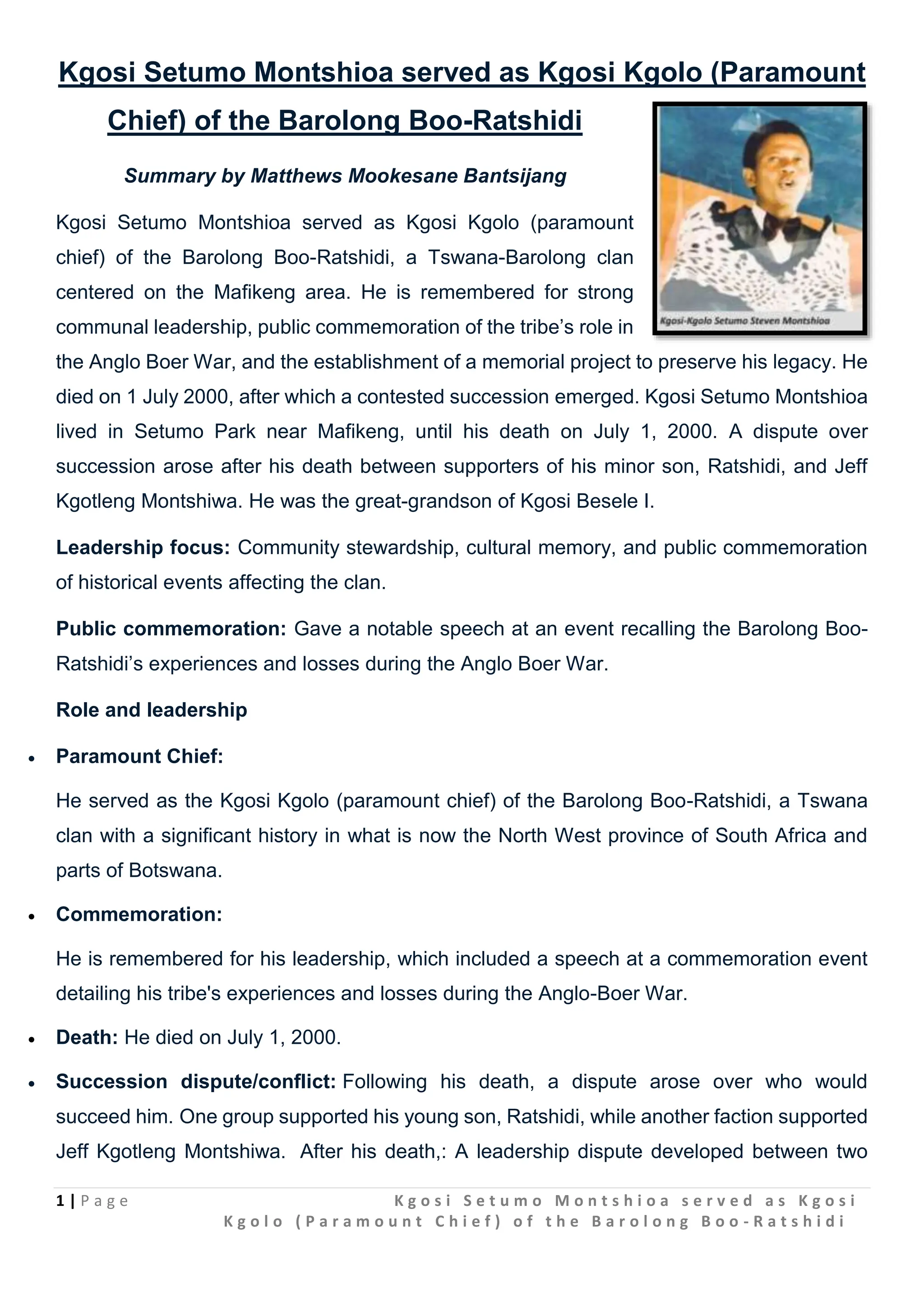 The Leadership and Legacy of Kgosi Setumo Montshioa: A Study of the ...