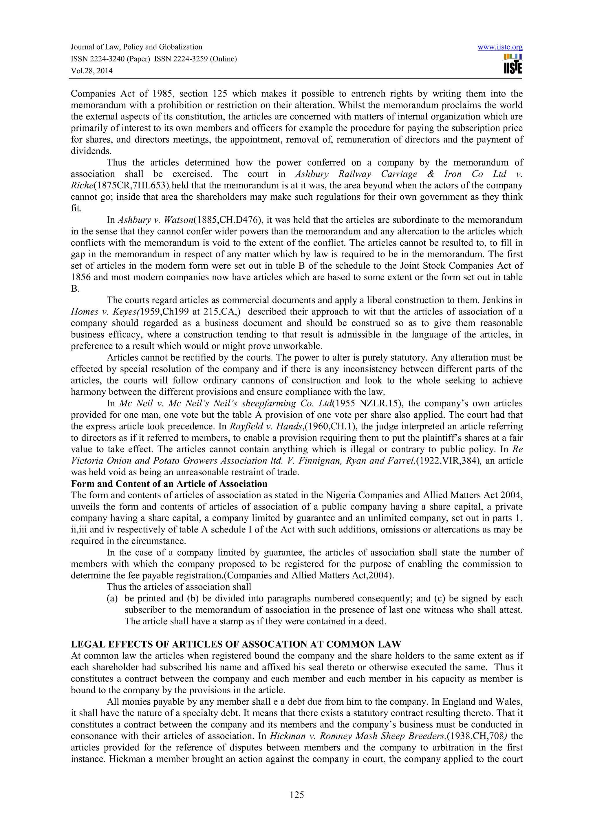 The legal effects of articles of association of a company | PDF