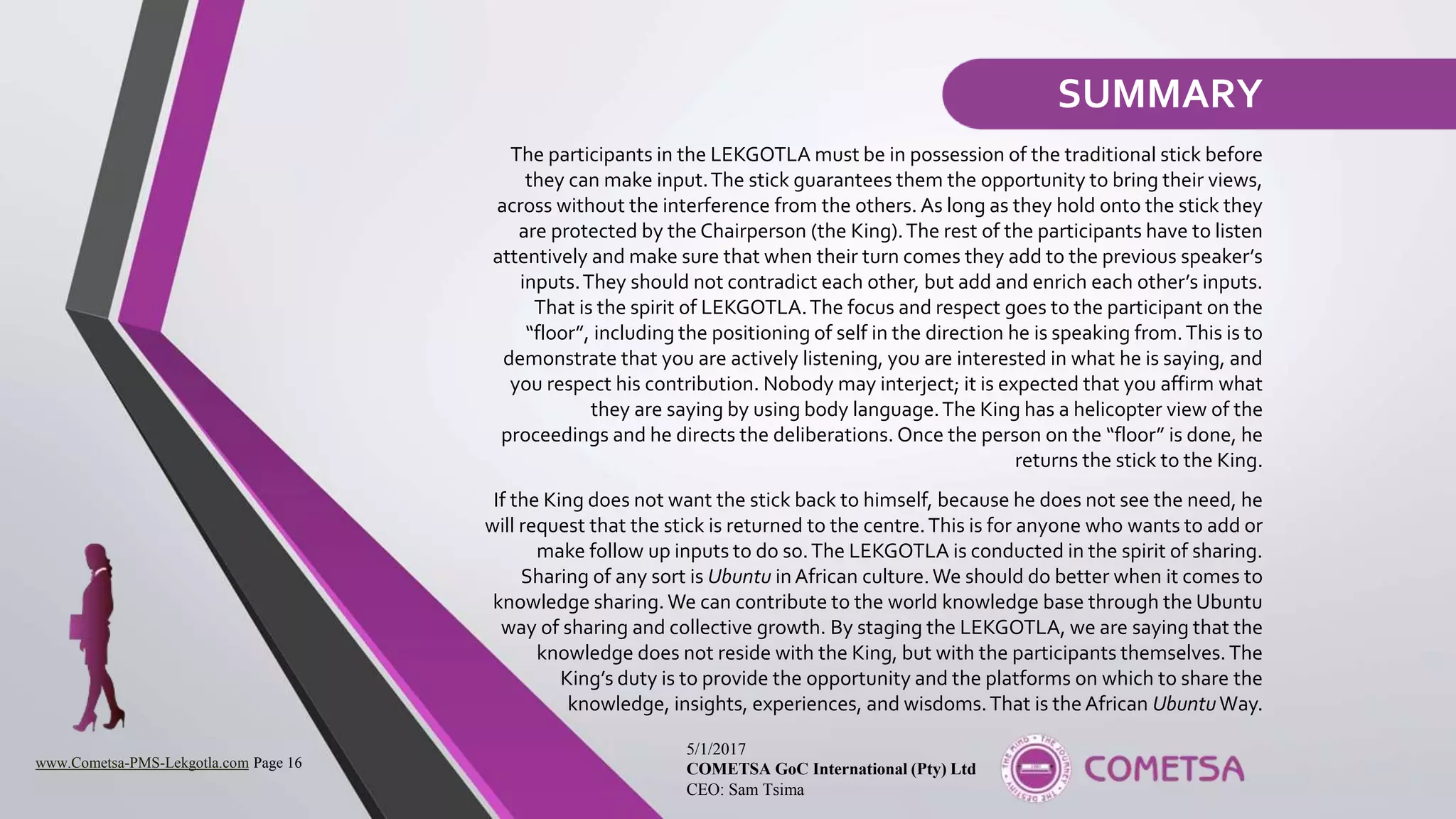 The LEKGOTLA Facilitation, Learning & Development Methodology (COMETSA ...