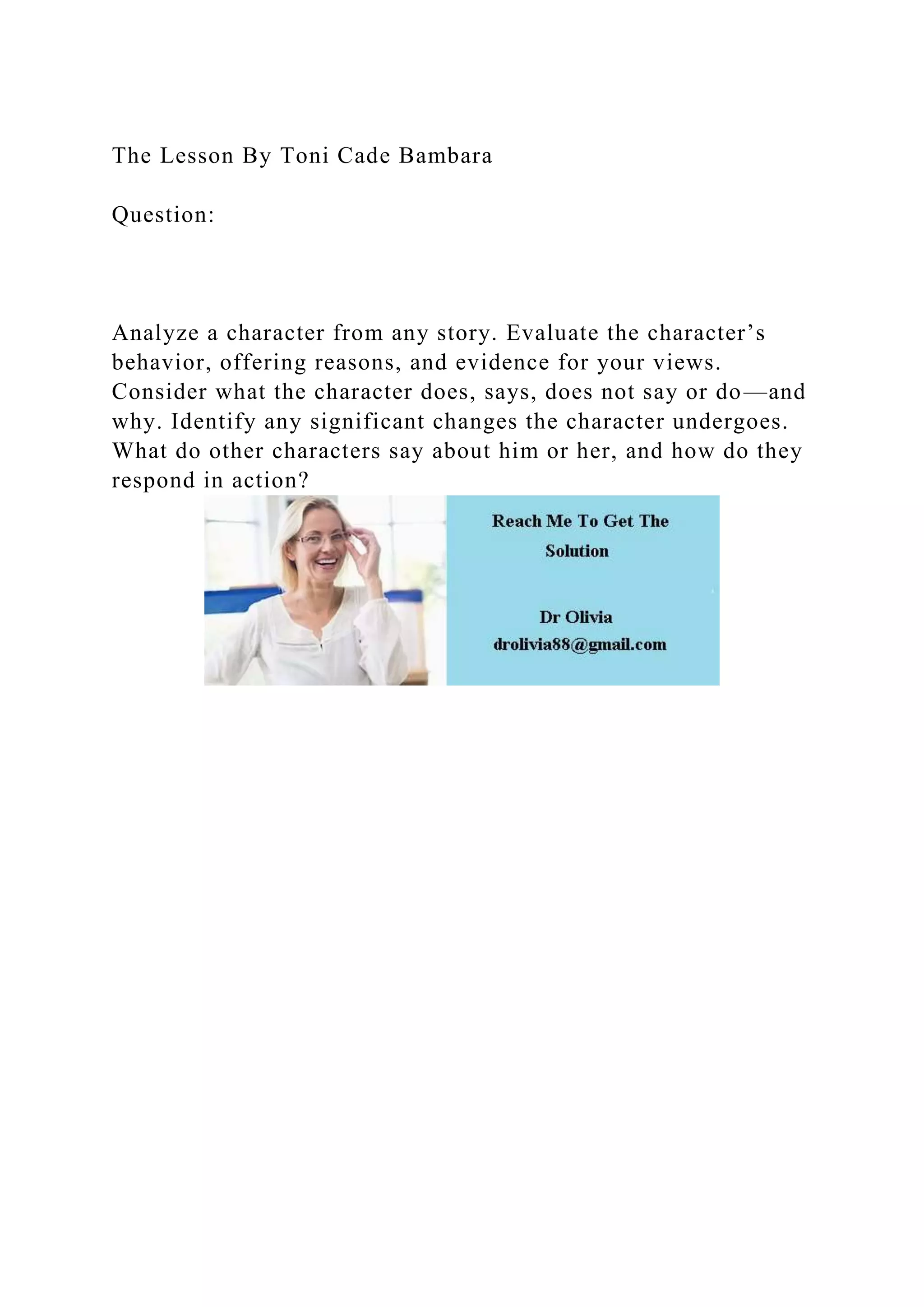 The Lesson By Toni Cade Bambara Question Analyze a char.docx