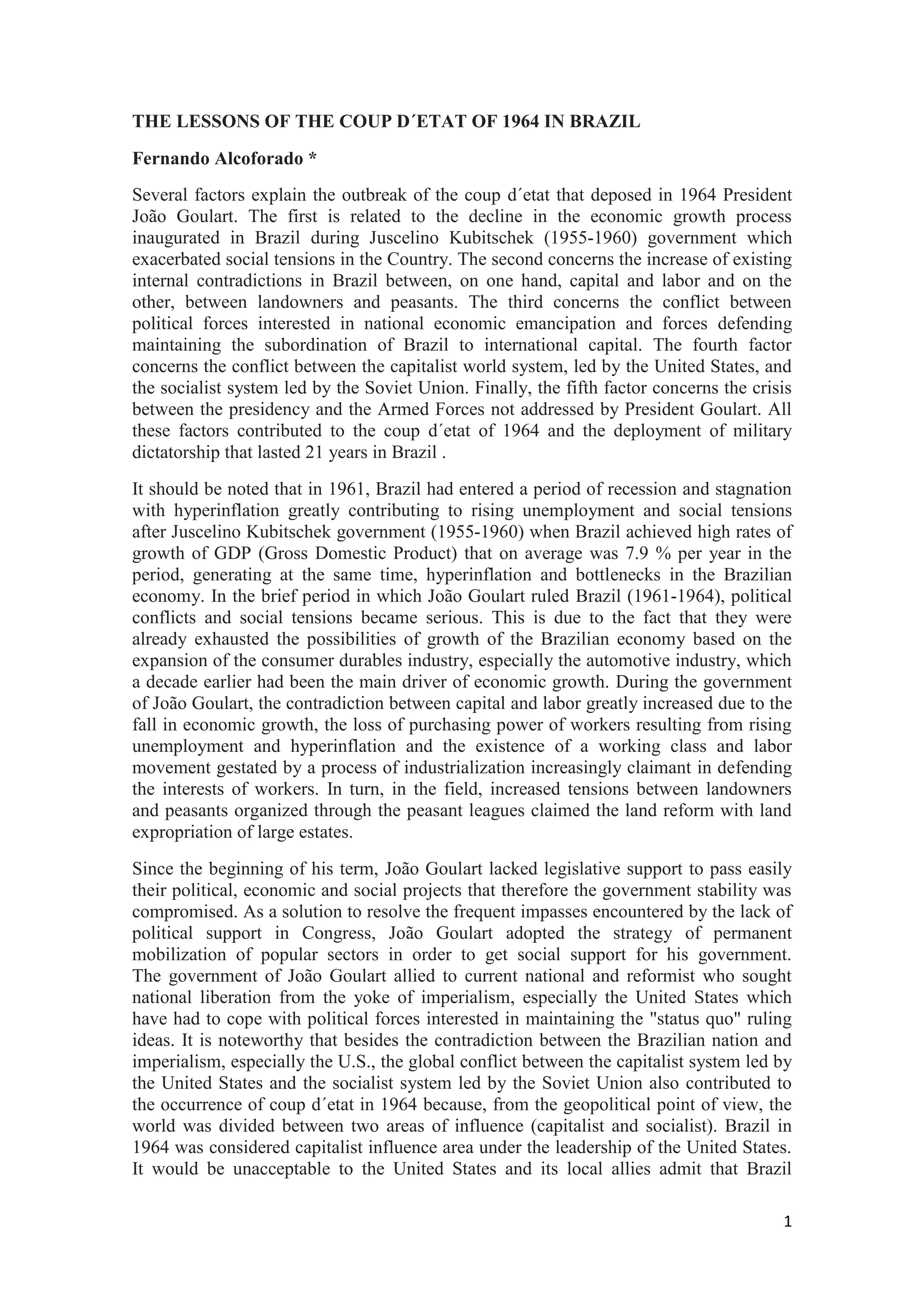 The lessons of the coup d´etat of 1964 in brazil | DOCX