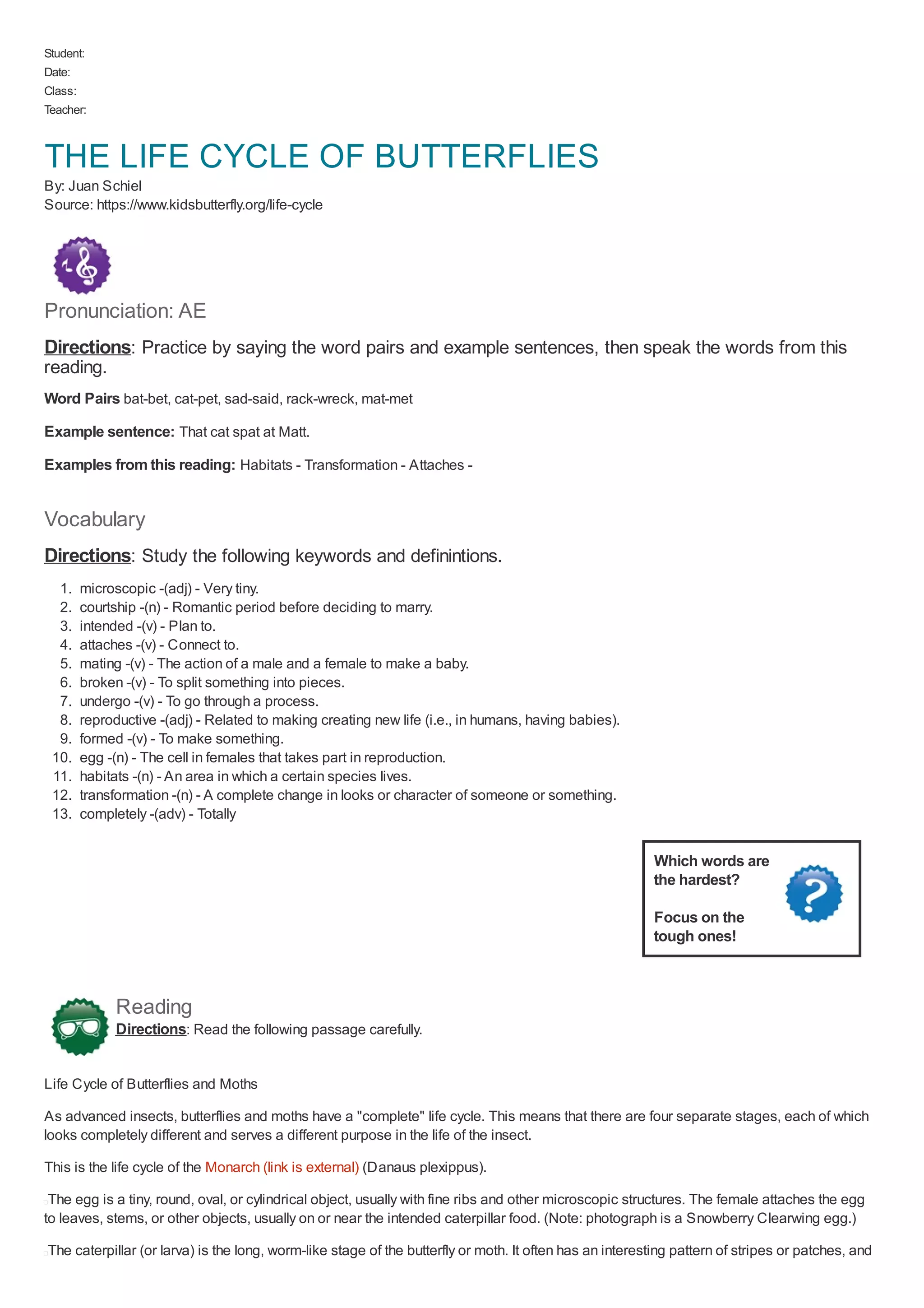 The life cycle of butterflies-LessonWriter | PDF | Biological Sciences ...
