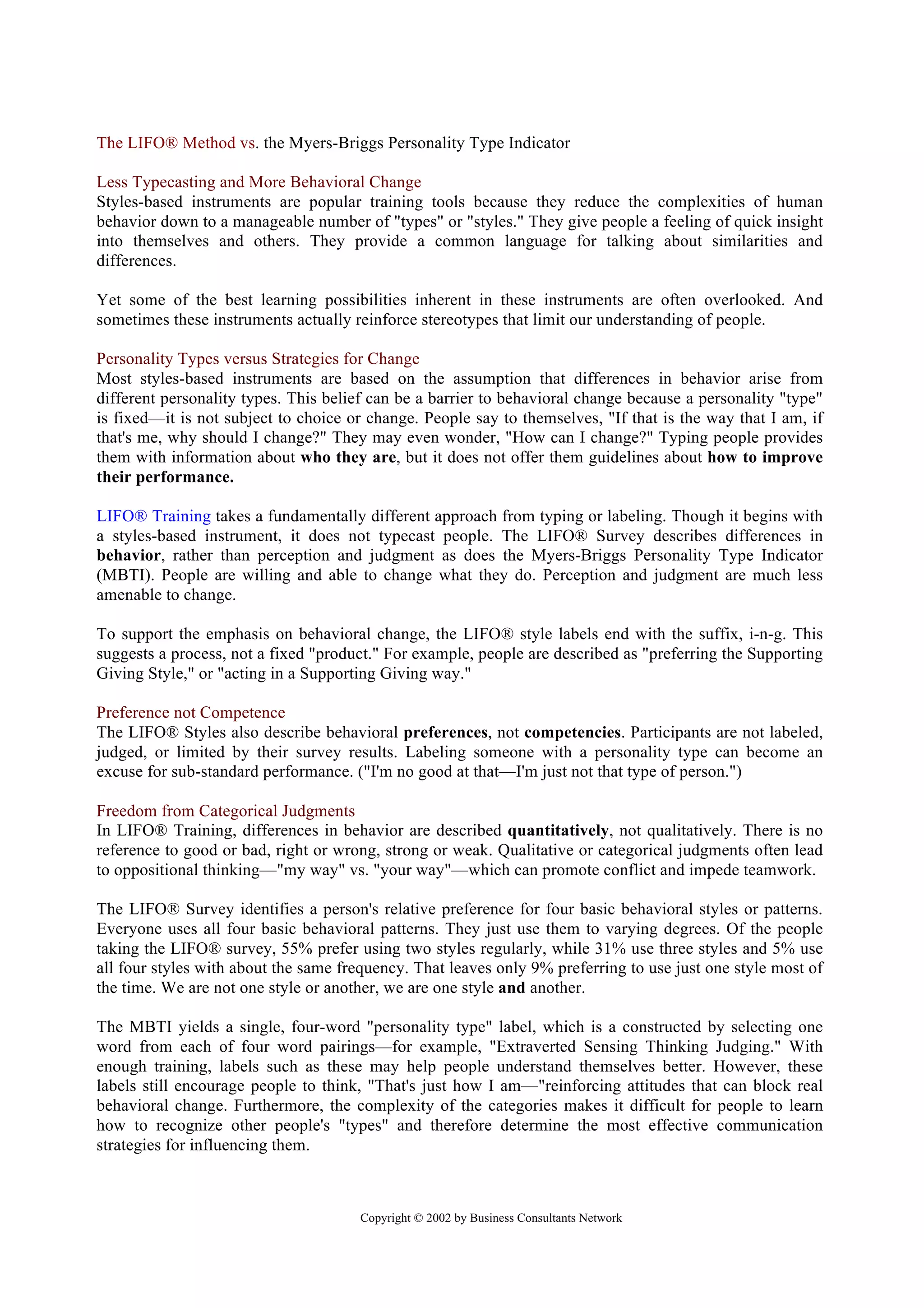 The lifo® method vs myers briggs | PDF