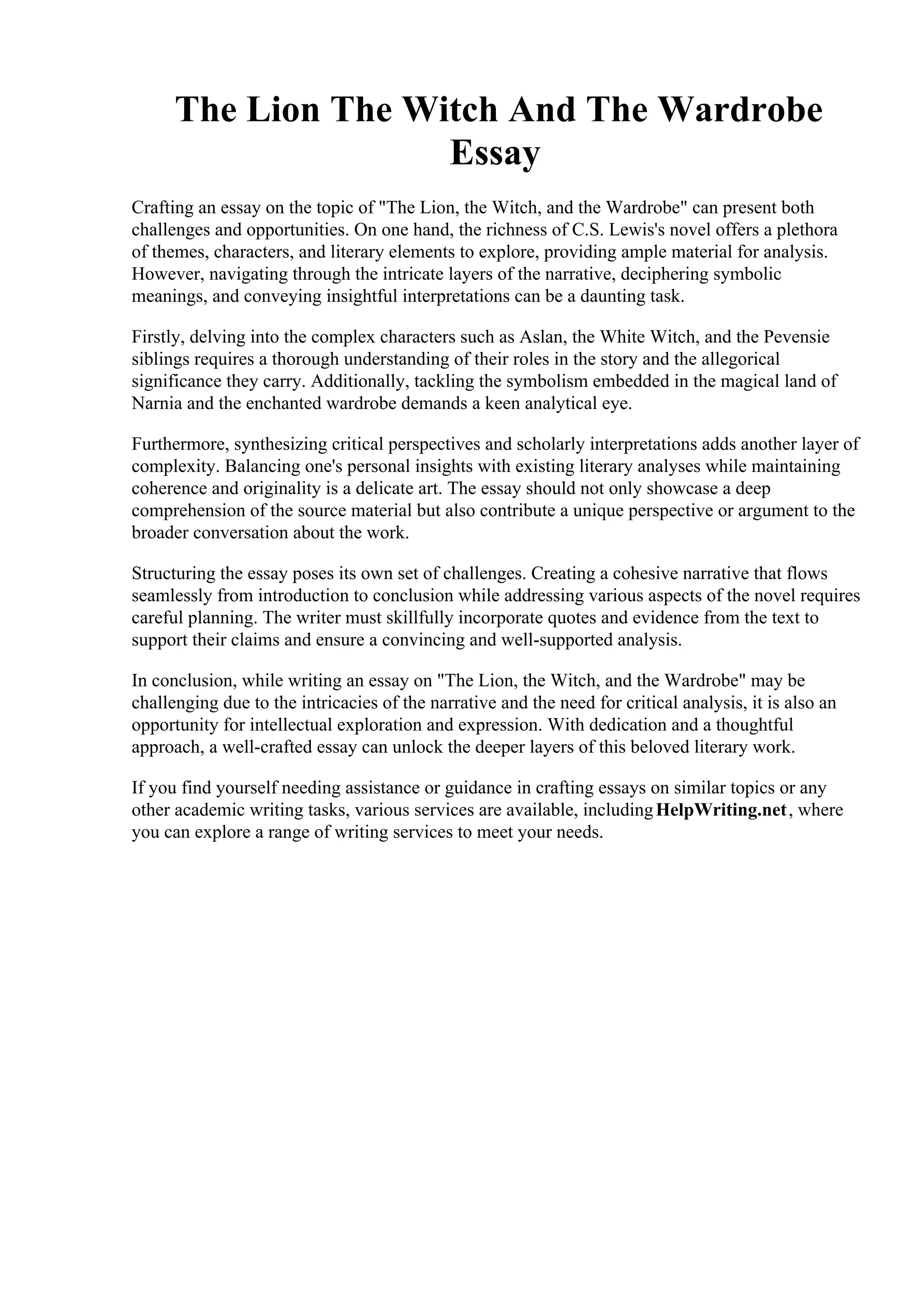 The Lion The Witch And The Wardrobe Essay | PDF