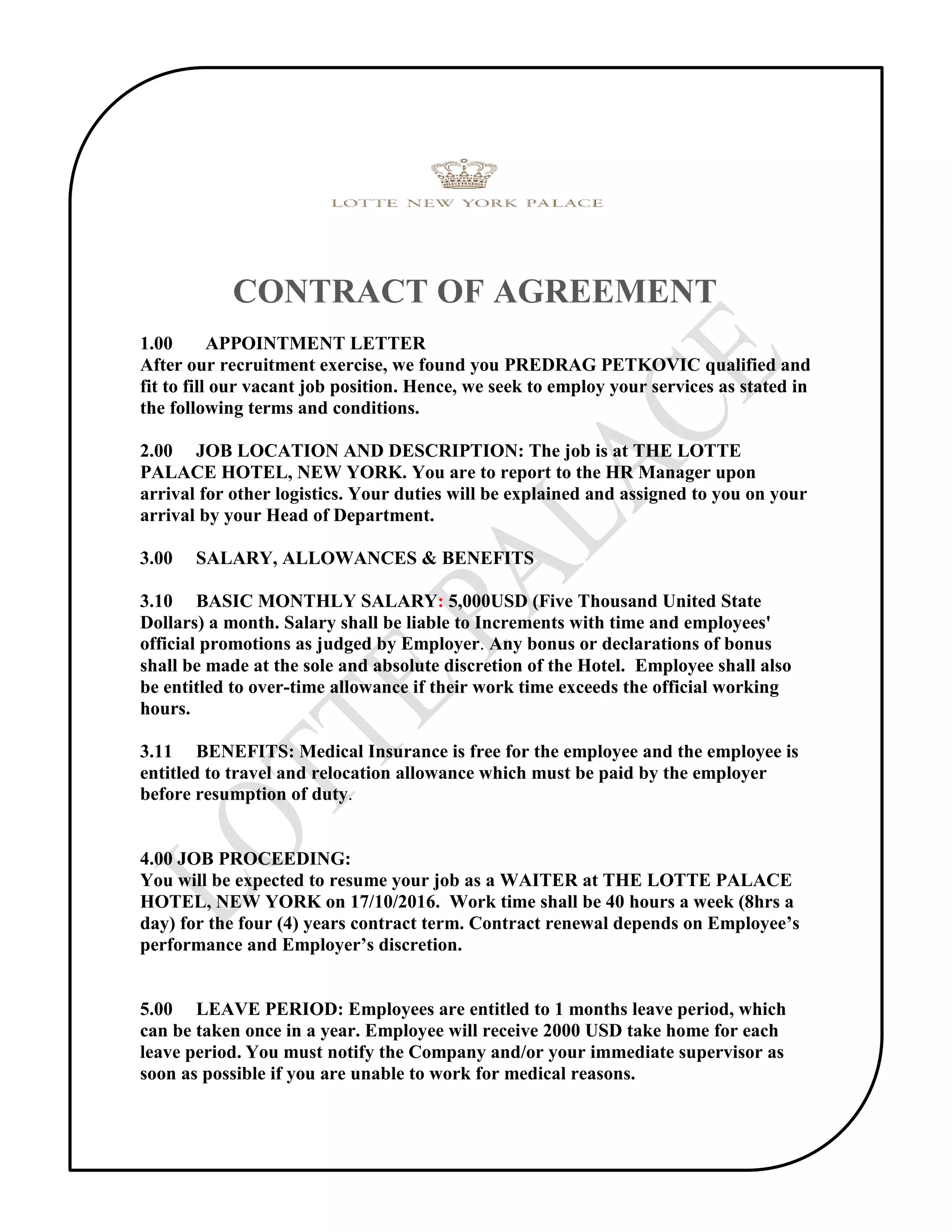 The lotte palace hotel contract of agreement (predrag petkovic) | PDF ...