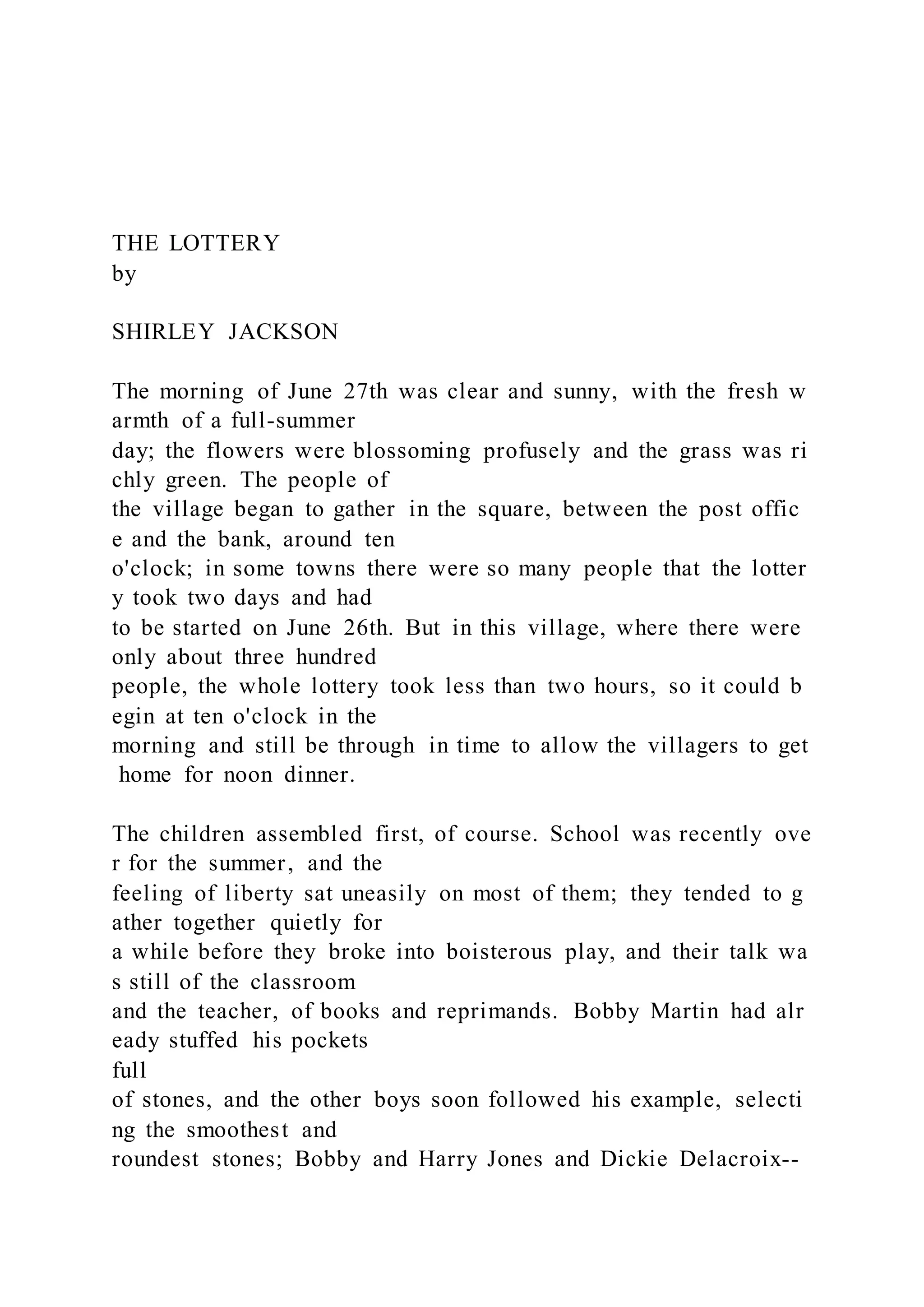 The lottery by shirley jackson the morning of june 2 | PDF