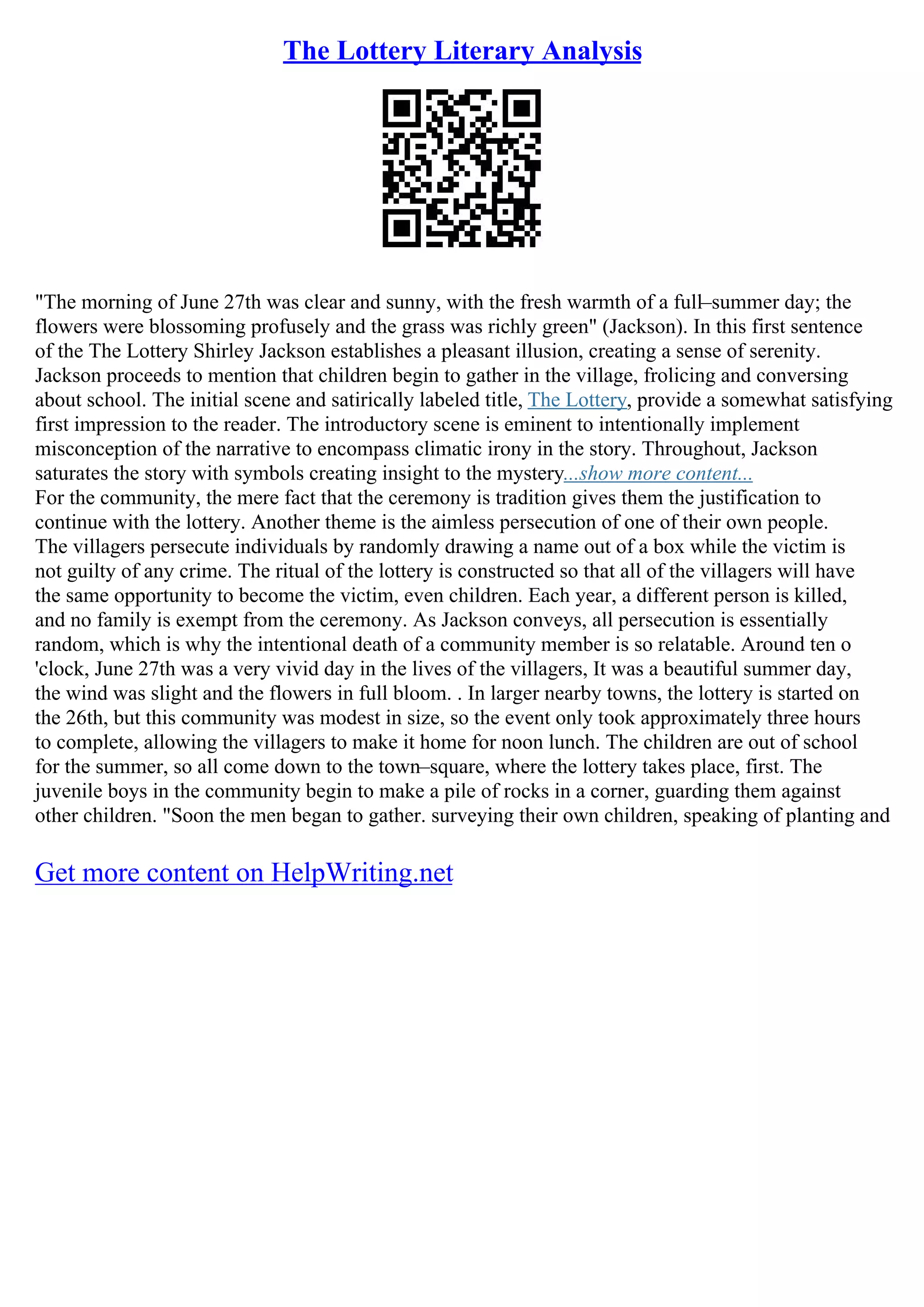 The Lottery Literary Analysis | PDF