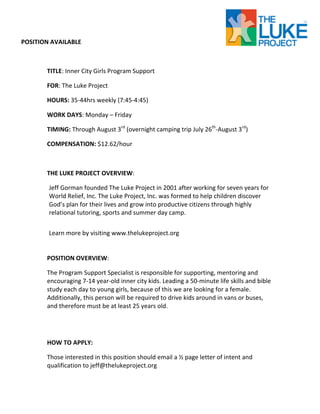 Summer Program Support Role for Inner City Girls - The Luke Project | PDF