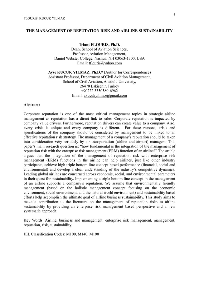 The management of reputation risk and airline sustainability | PDF