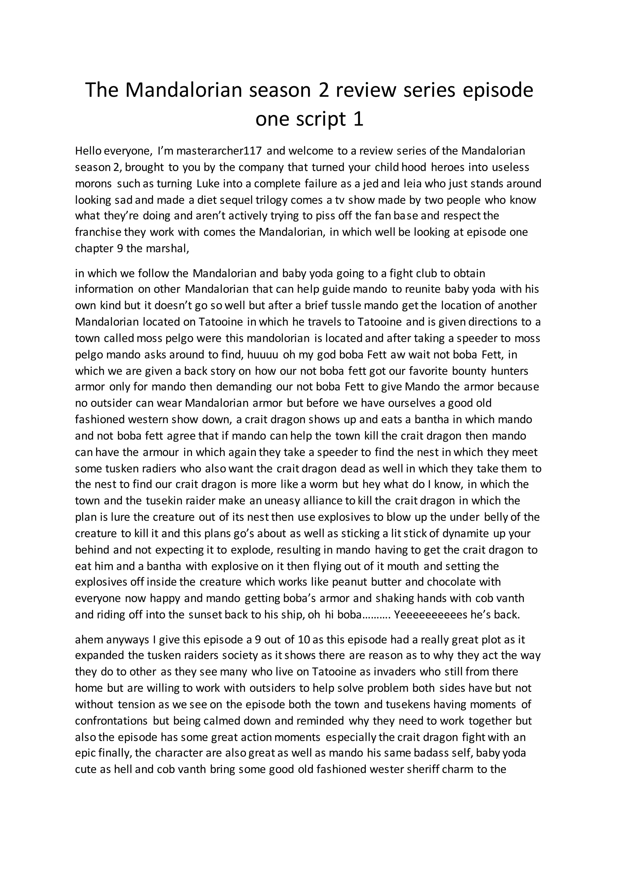 The mandalorian season 2 review series episode one script 1 | PDF