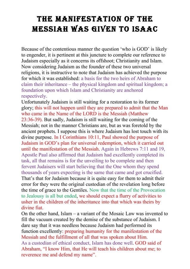 The manifestation of the messiah was given to isaac | PDF