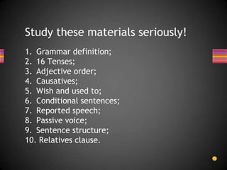 The materials of grammar final test (AdeS) | PPT