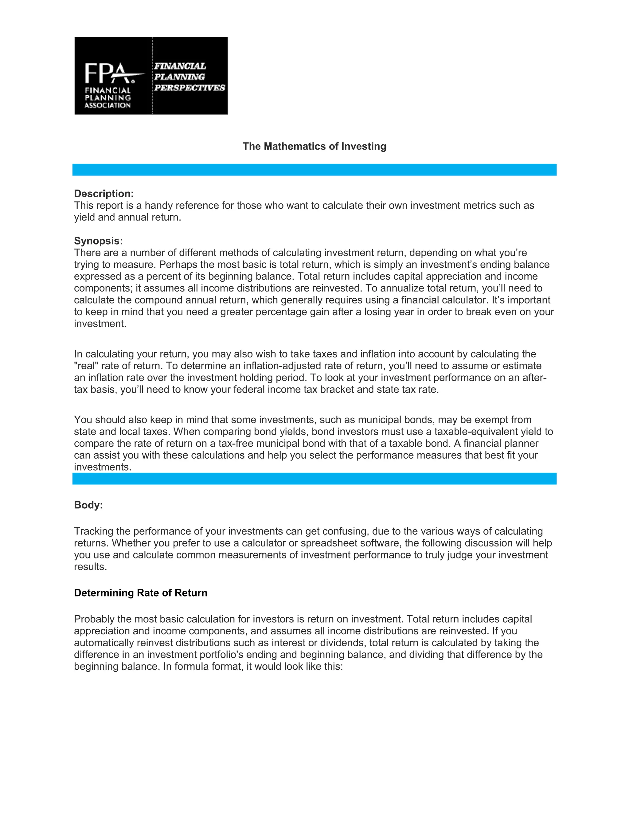 The mathematics of investing | PDF