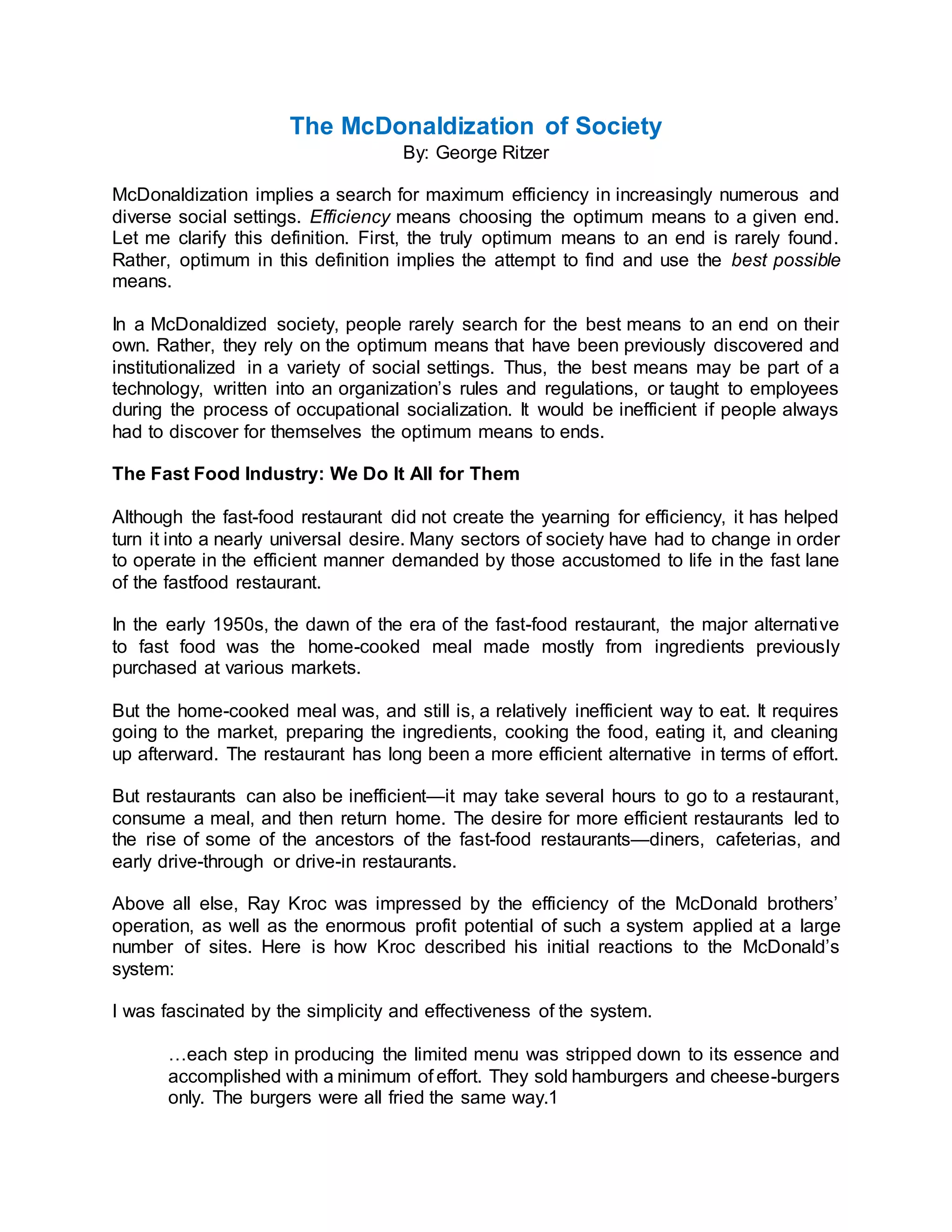 The mc donaldization of society | DOCX