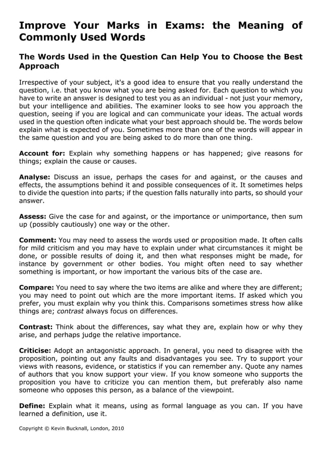 The meaning of commonly used words in exams | PDF