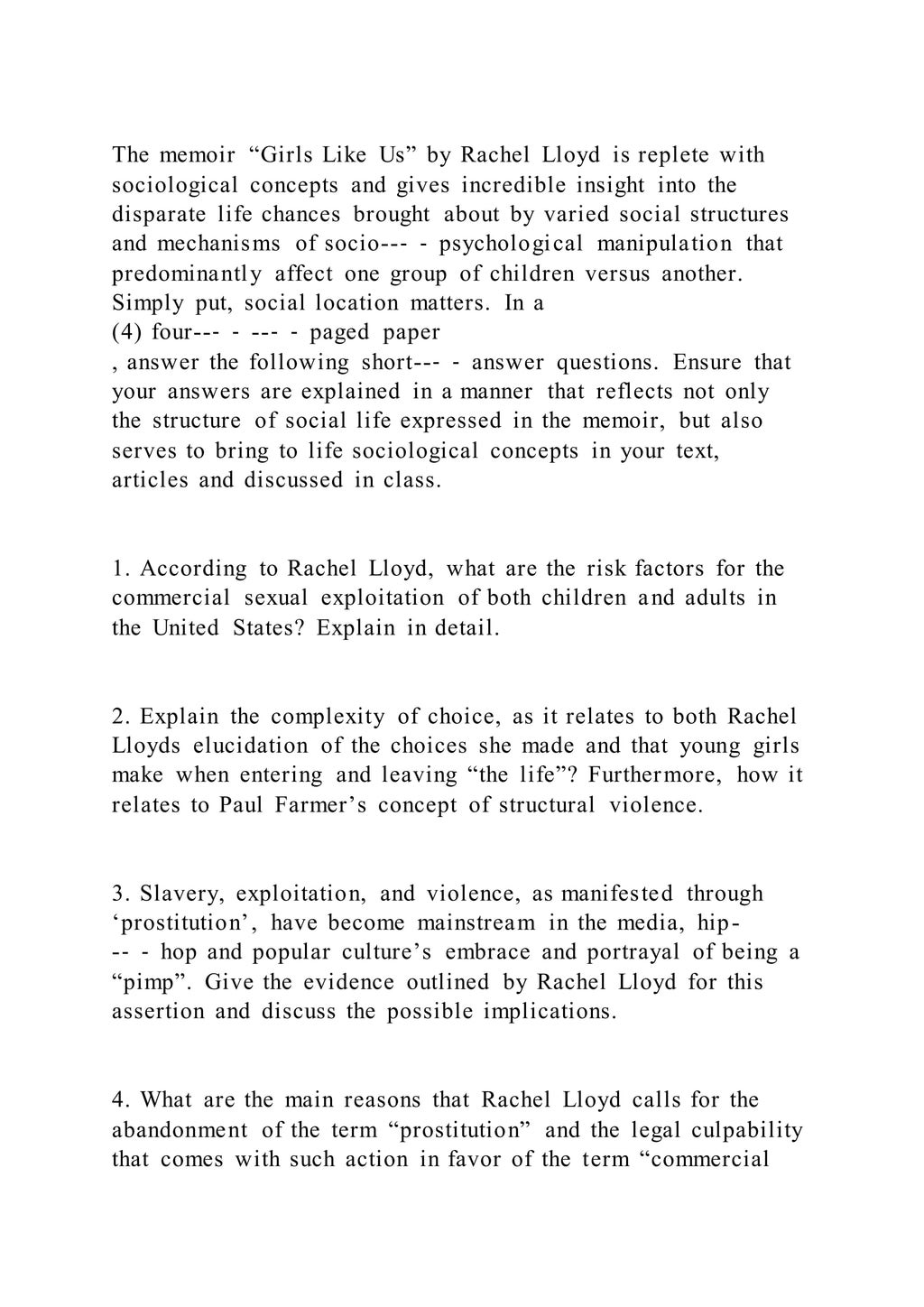 The memoir Girls Like Us” by Rachel Lloyd is replete with sociologi | DOCX