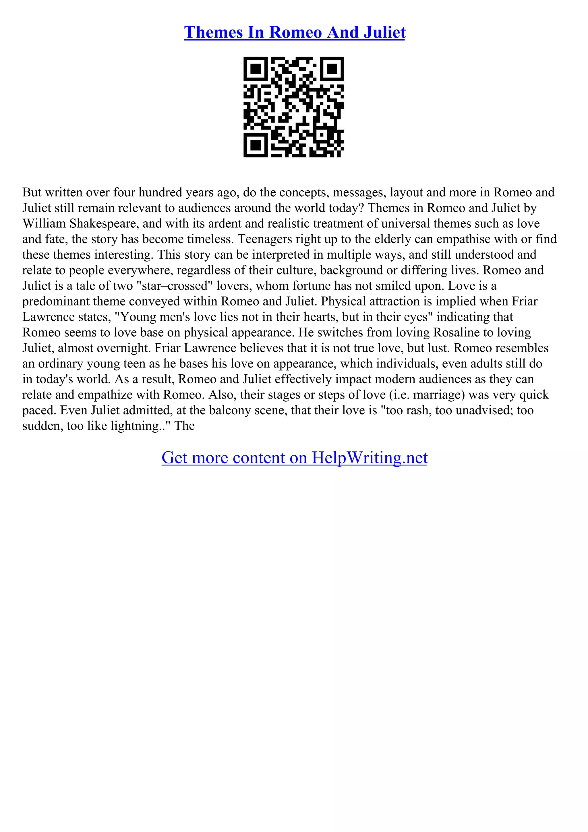 Themes In Romeo And Juliet Essay | PDF