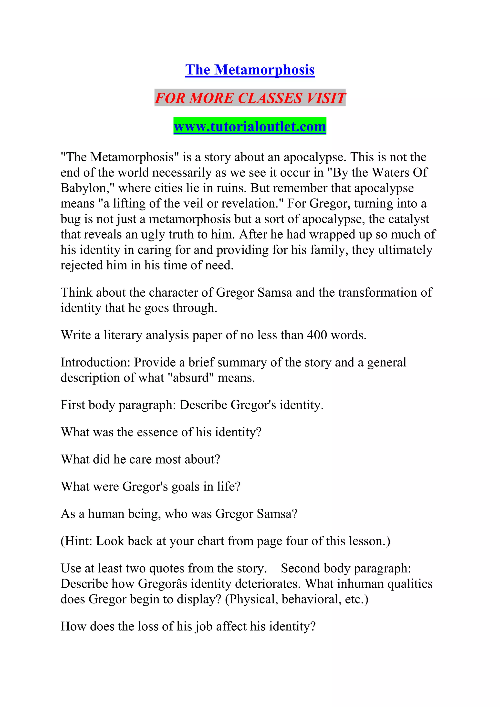 THE METAMORPHOSIS / TUTORIALOUTLET DOT COM | PDF