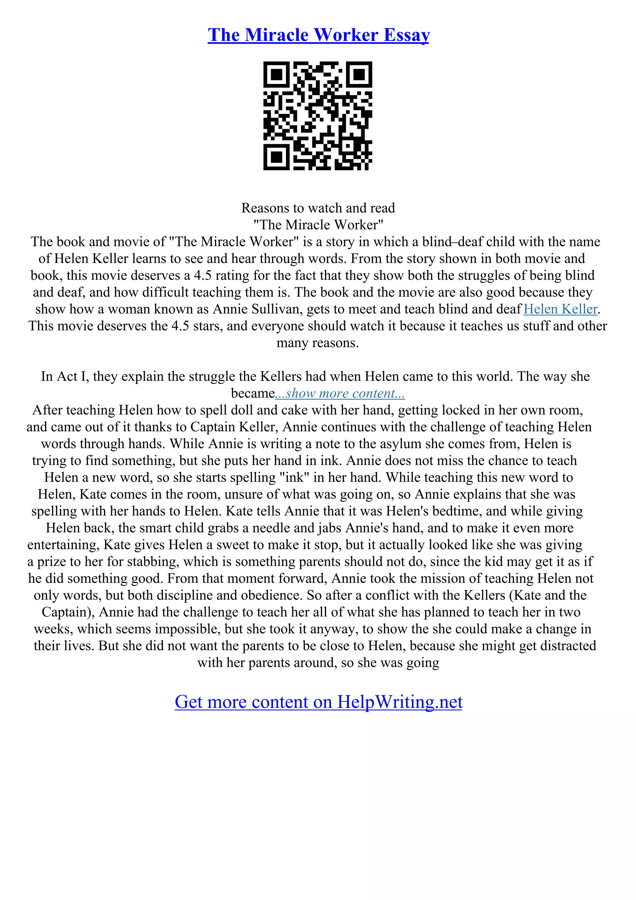 The Miracle Worker Essay | PDF