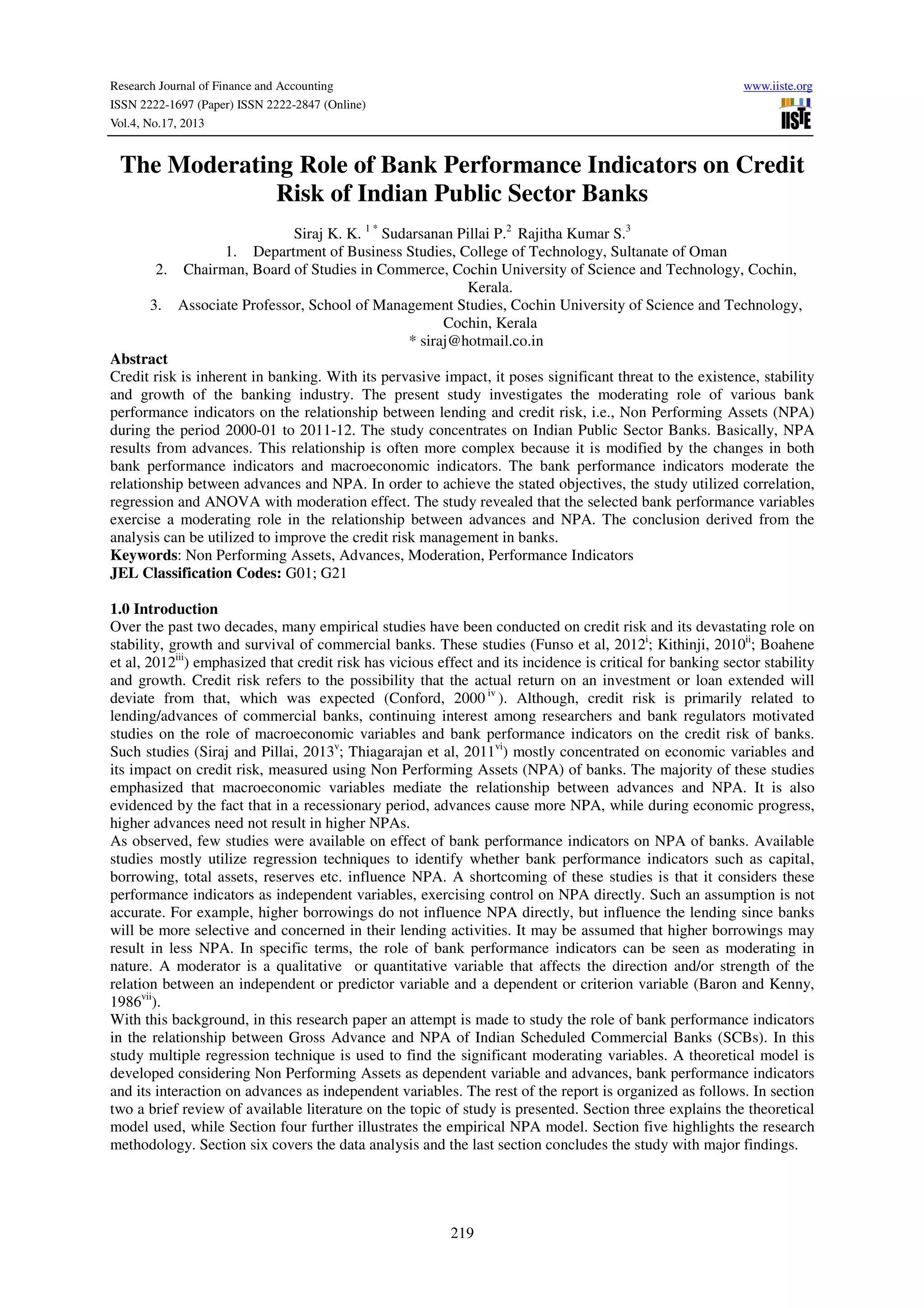 The moderating role of bank performance indicators on credit risk of ...