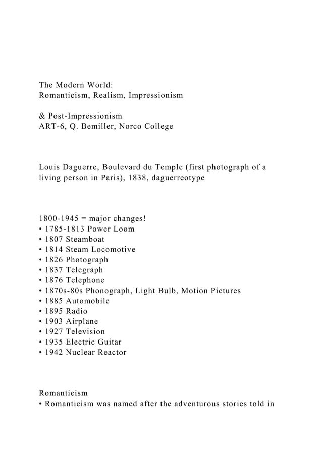 The Modern WorldRomanticism, Realism, Impressionism& Po.docx
