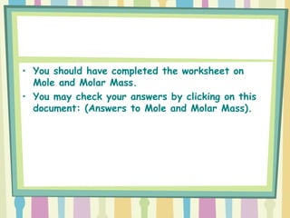 The Mole Mole And Molar Masses | PPT