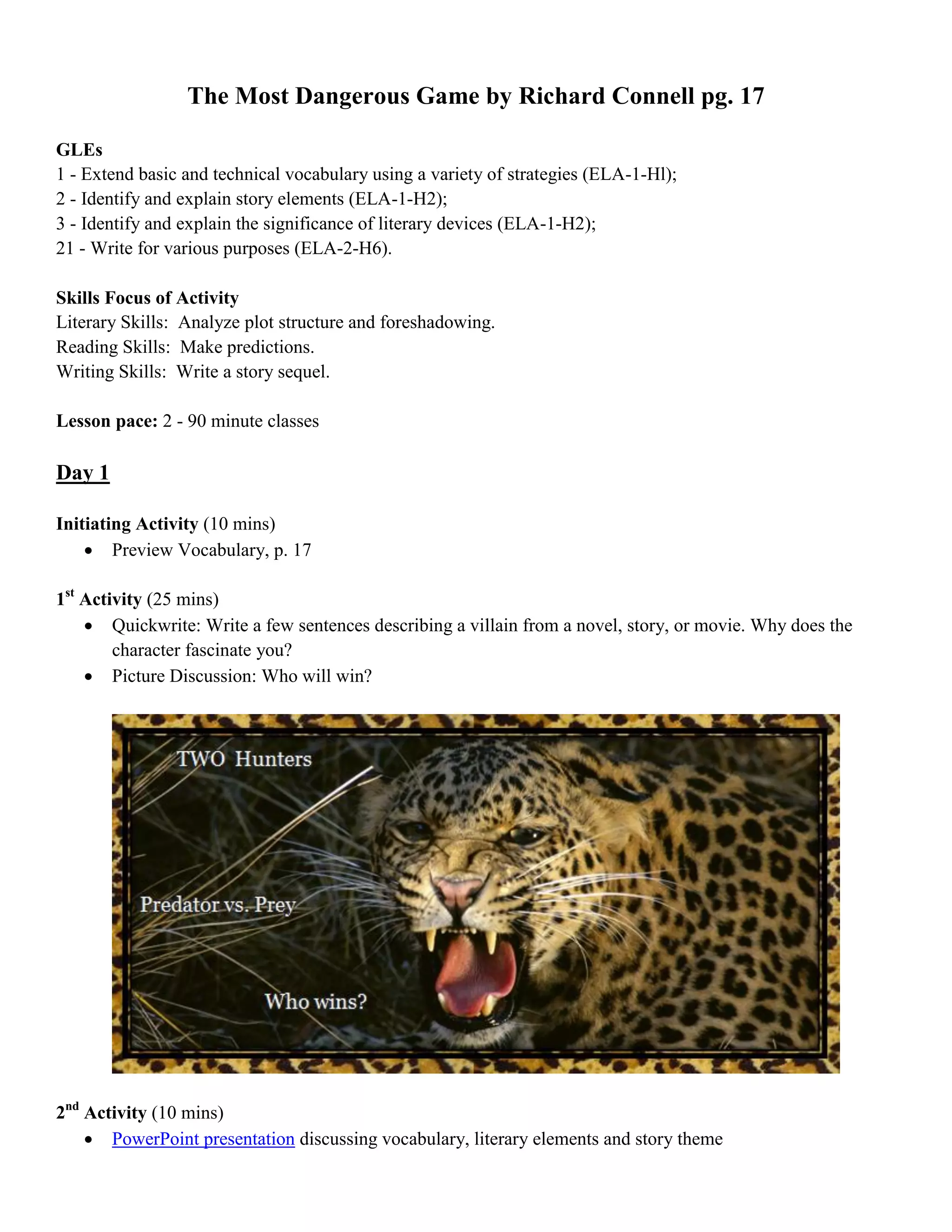 The most dangerous game lesson plan | PDF