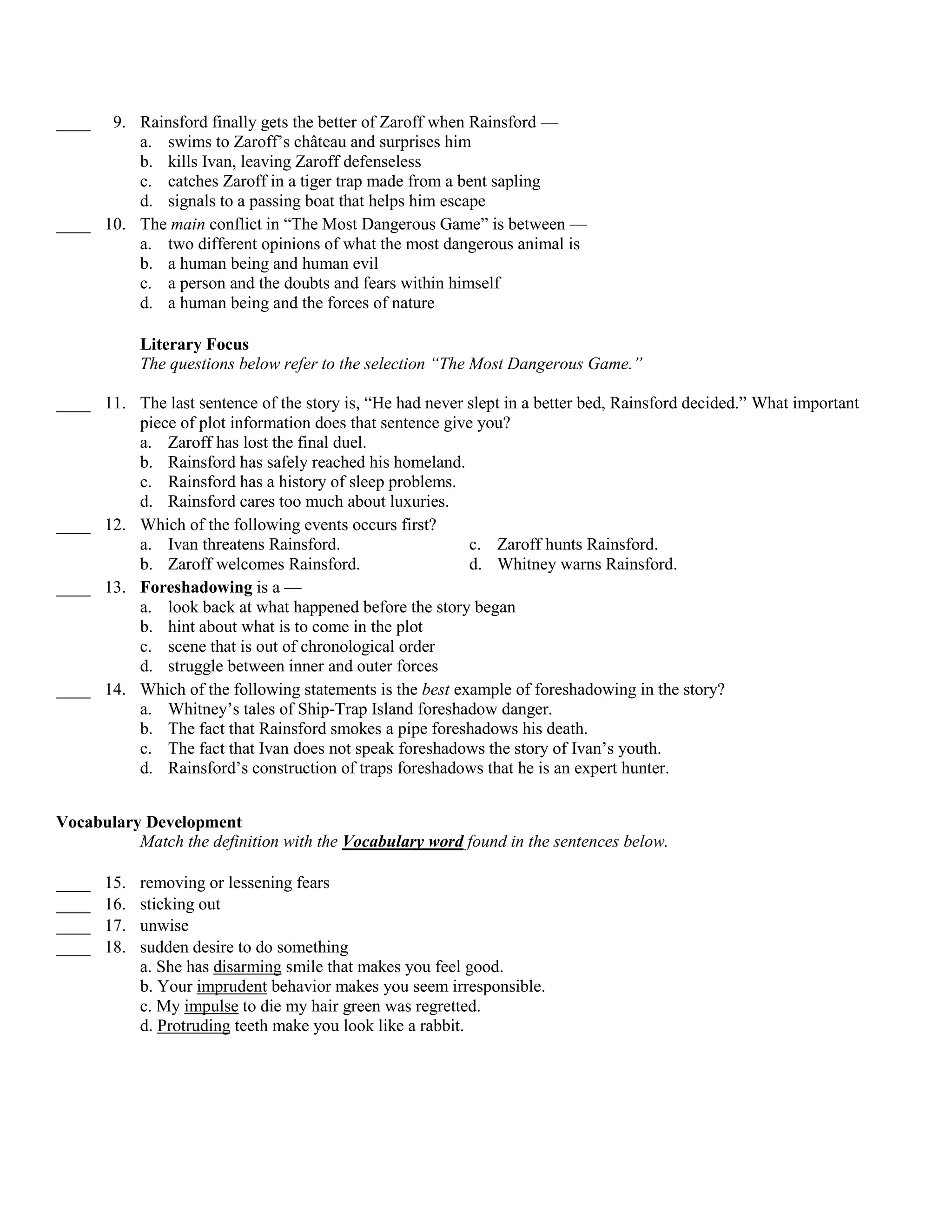 The most dangerous game quiz | PDF