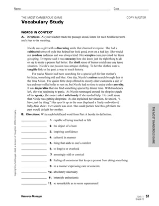 The Most Dangerous Game Vocab Study | PDF