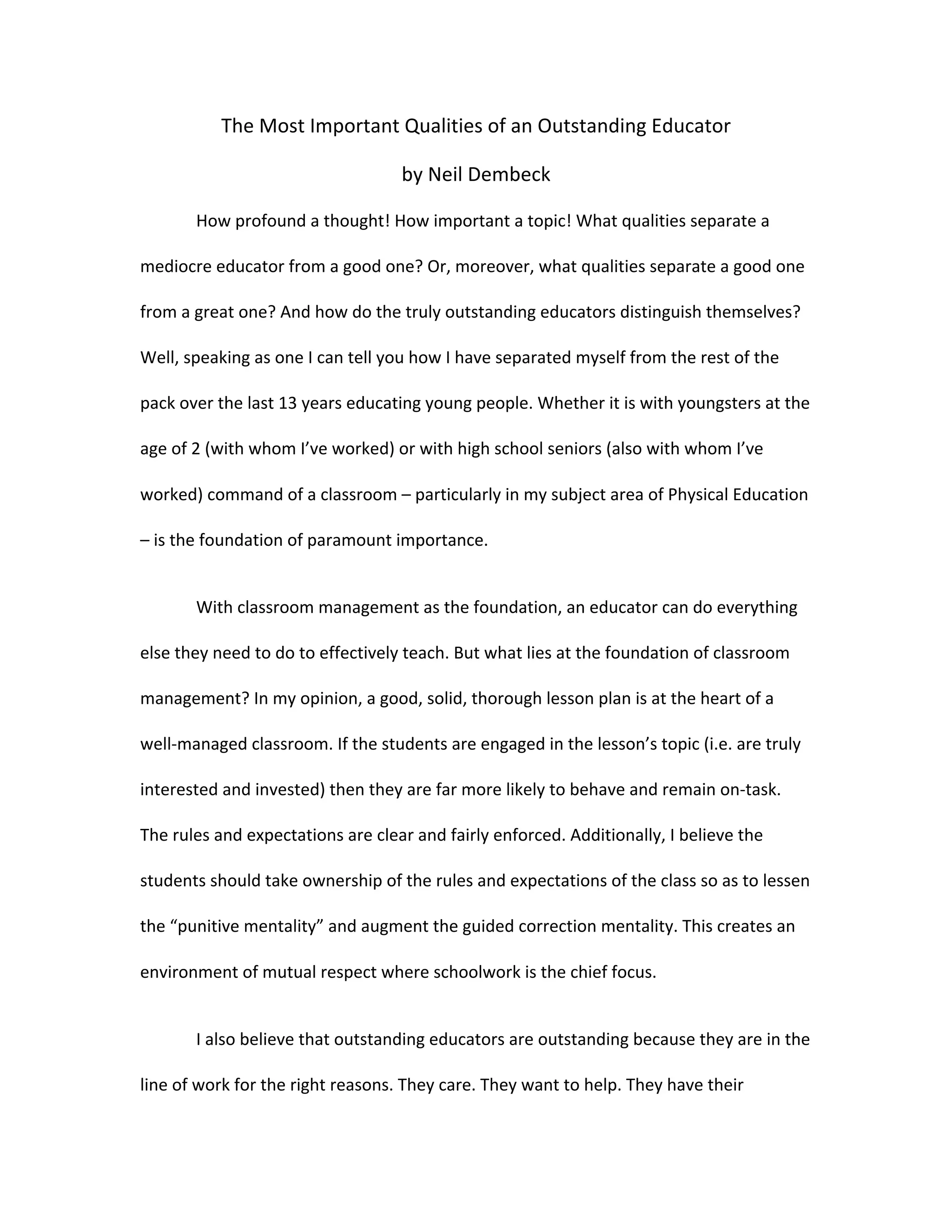 The Most Important Qualities of an Outstanding Educator by Neil Dembeck ...