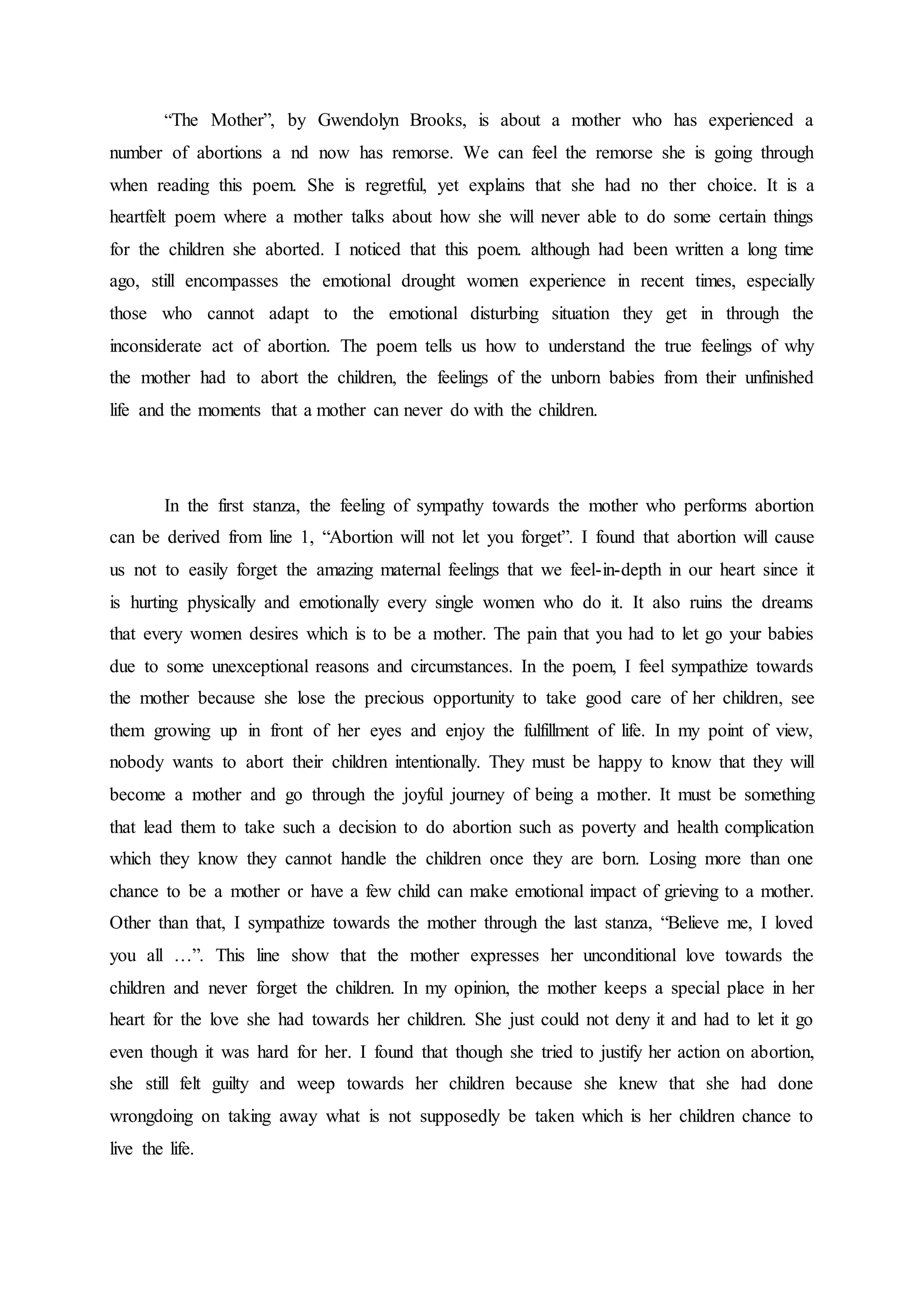 A Review of “The Mother”, by Gwendolyn Brooks | DOCX