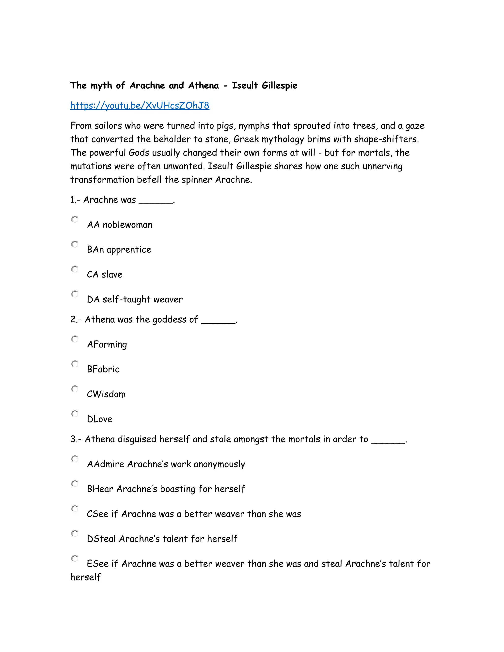 The Myth of Arachne and Athena | DOC