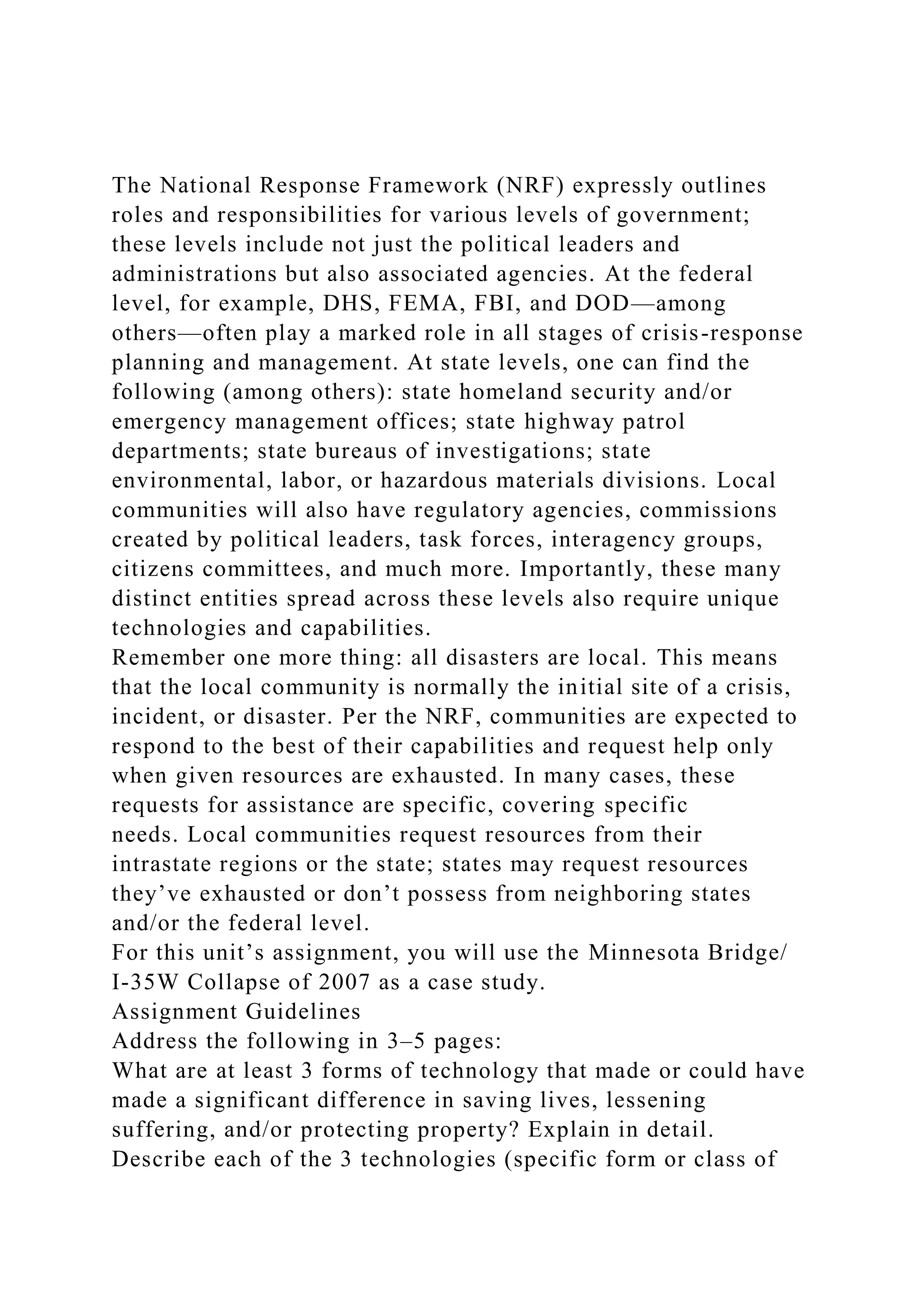 The National Response Framework (NRF) expressly outlines roles and.docx