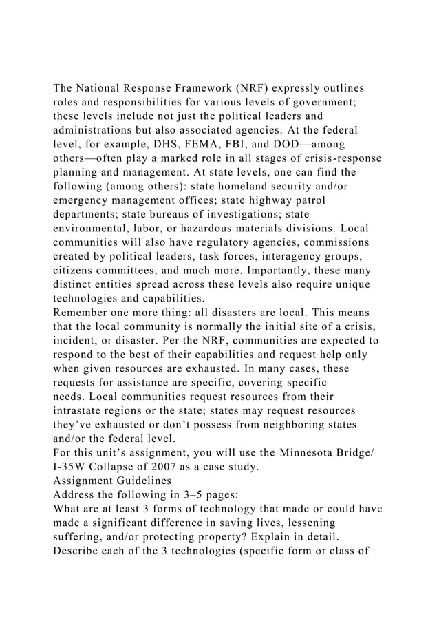 The National Response Framework (NRF) expressly outlines roles and.docx