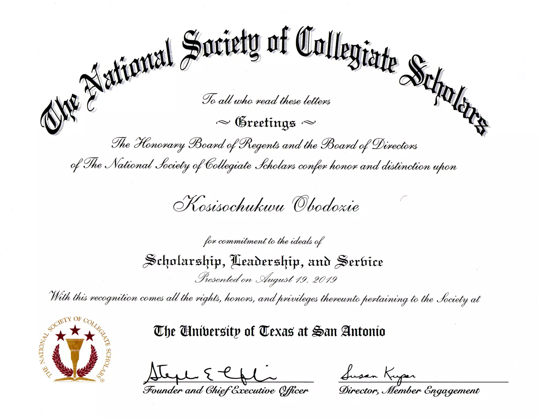 The National Society of Collegiate Scholars - Certificate of Induction ...