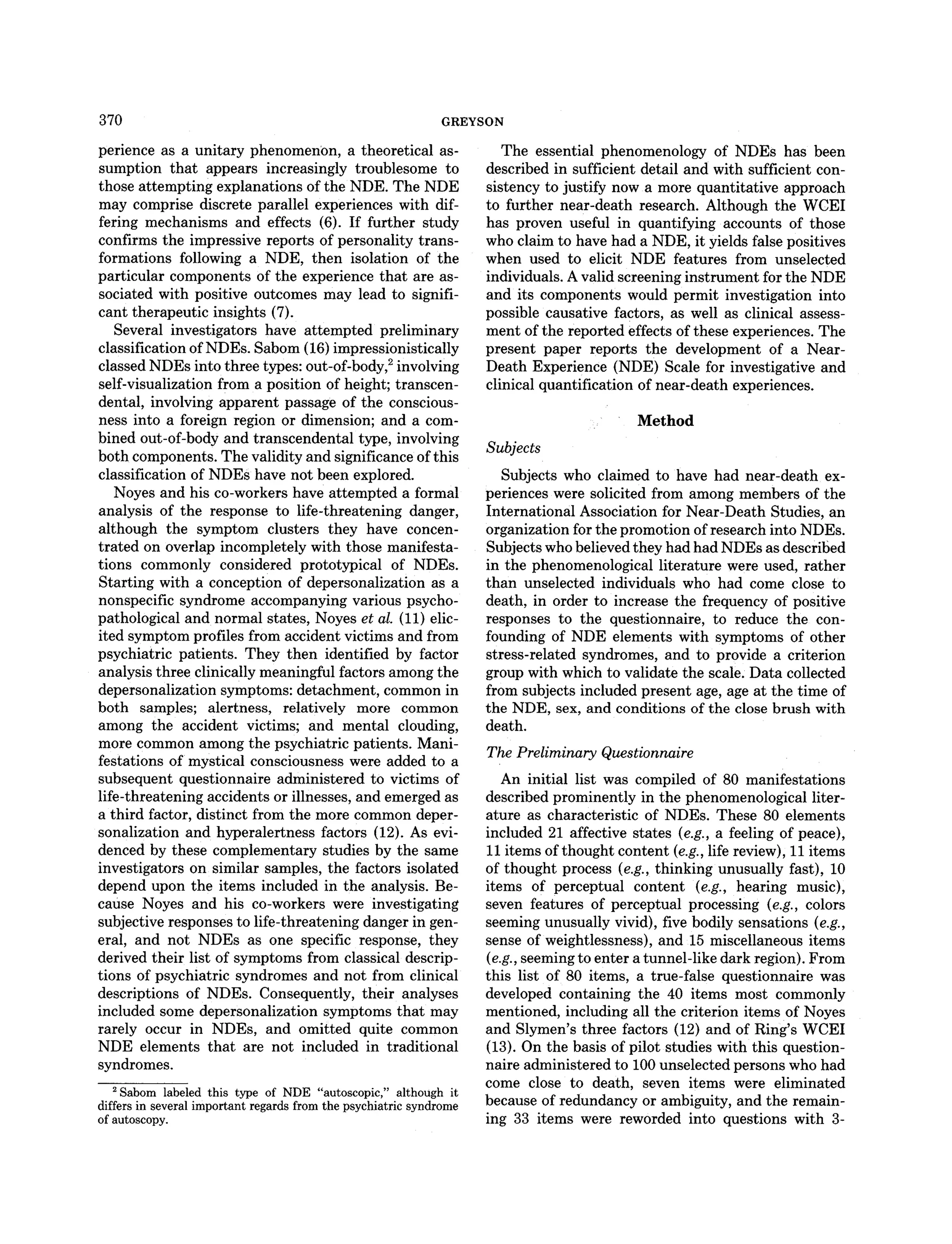 The near death experience scale. Construction, reliability, and ...