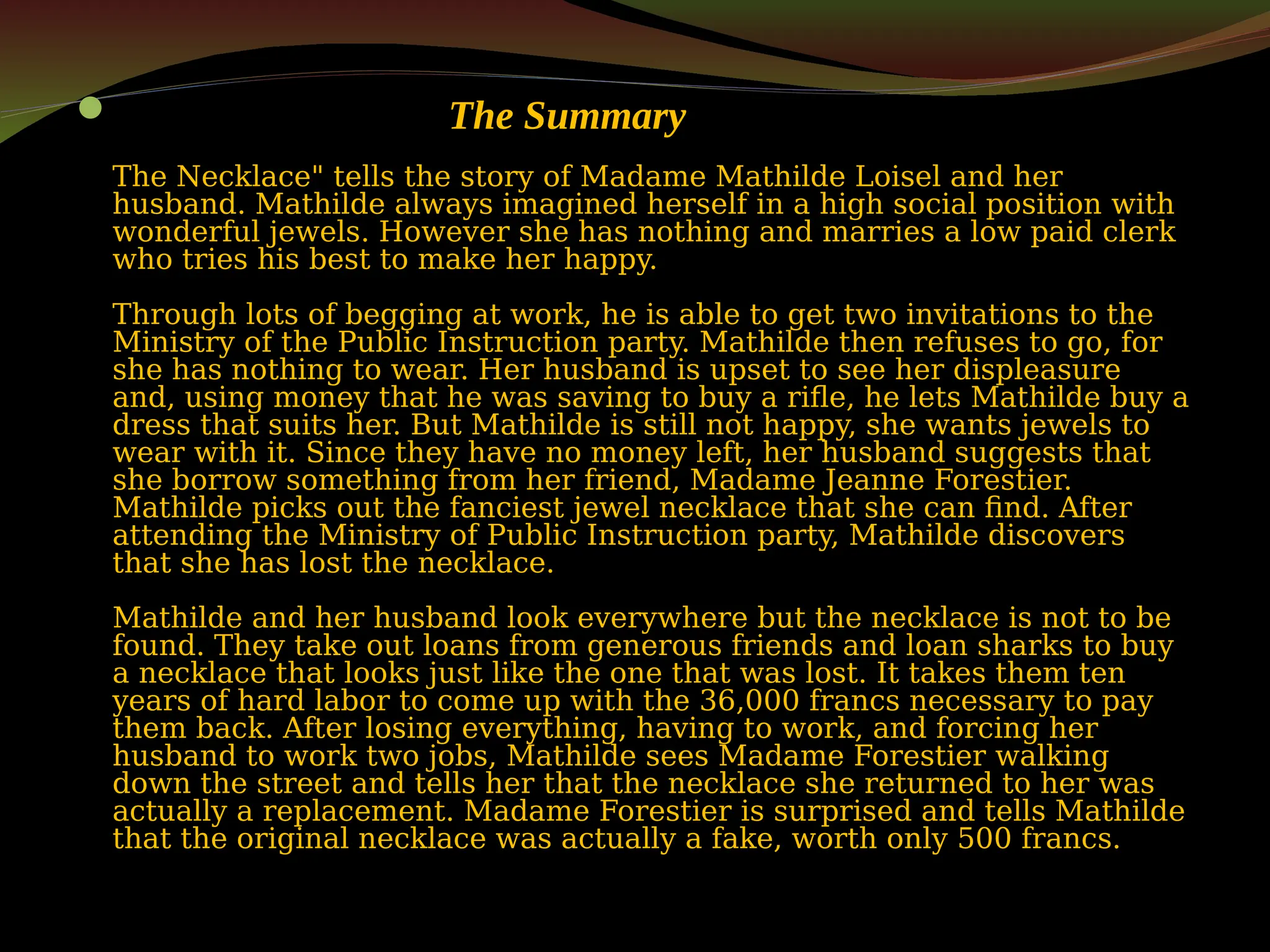 The necklace of Madame Mathilde Loisel and her husband. | PDF