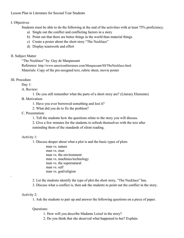 The Necklace 3 day lesson plan | DOCX | Hobbies & Interests