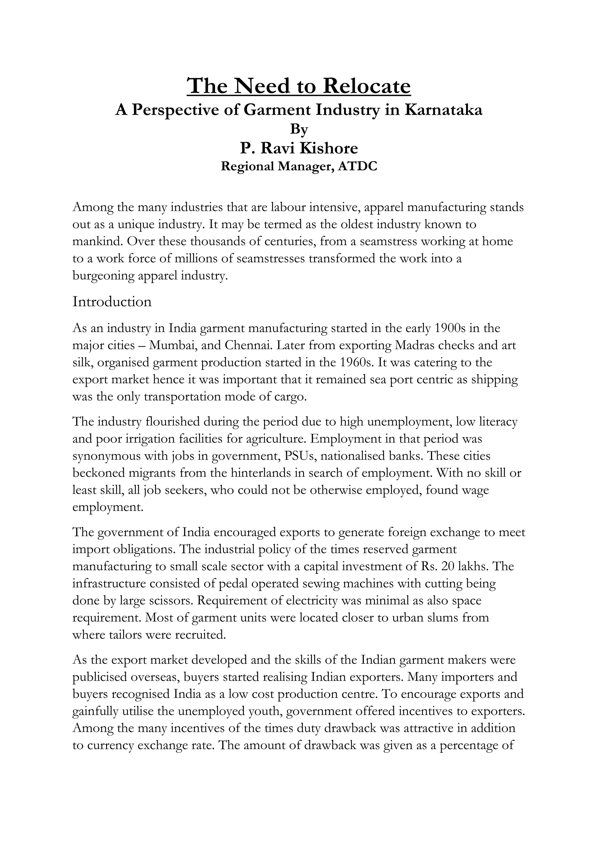 The need to relocate a perspective of garment industry in karnataka | PDF