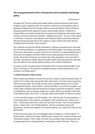 The new government in Peru: Perspectives of its economic and foreign ...